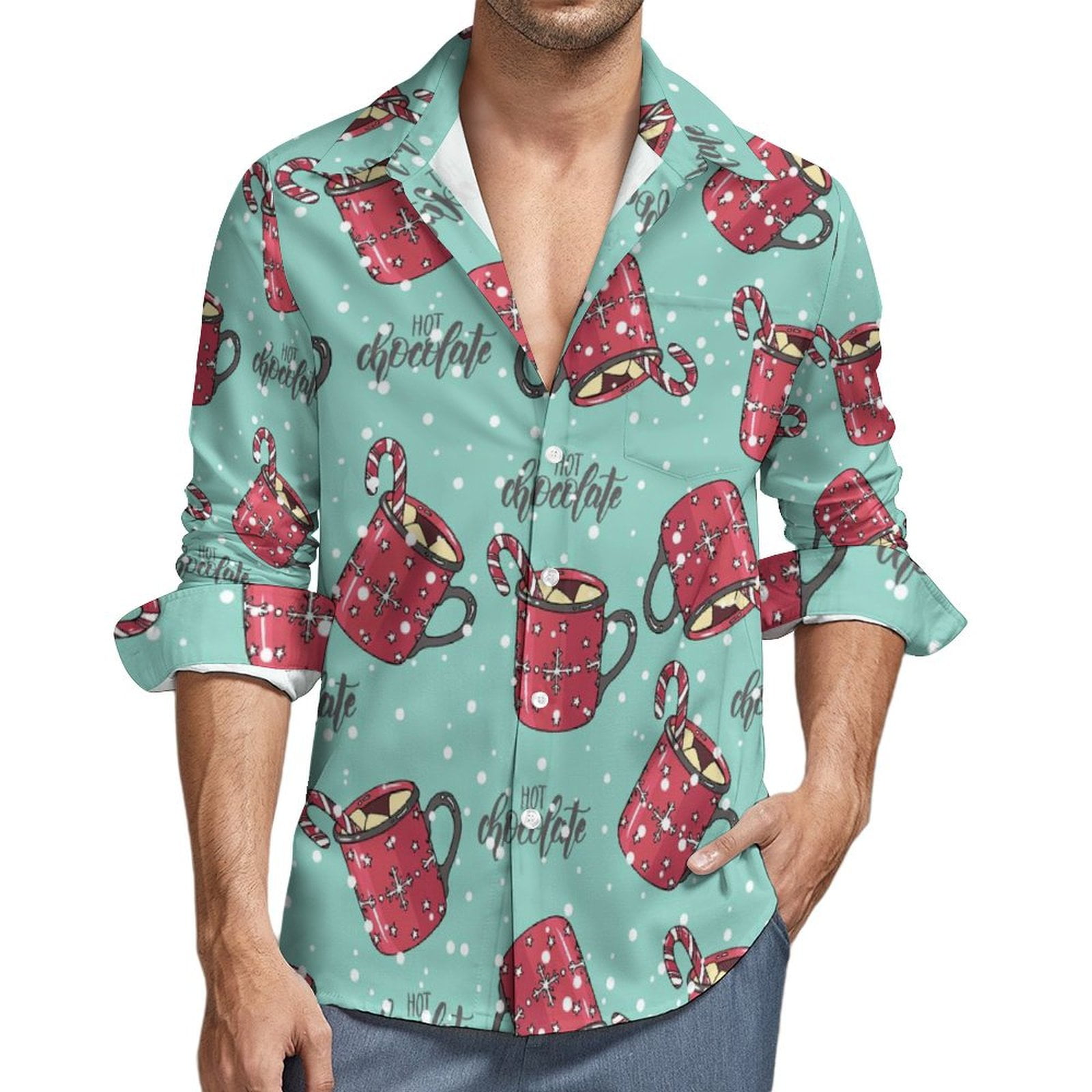 Long Sleeve Button Down Shirts for Men, Snowflake Hot Cocoa Soft Casual ...