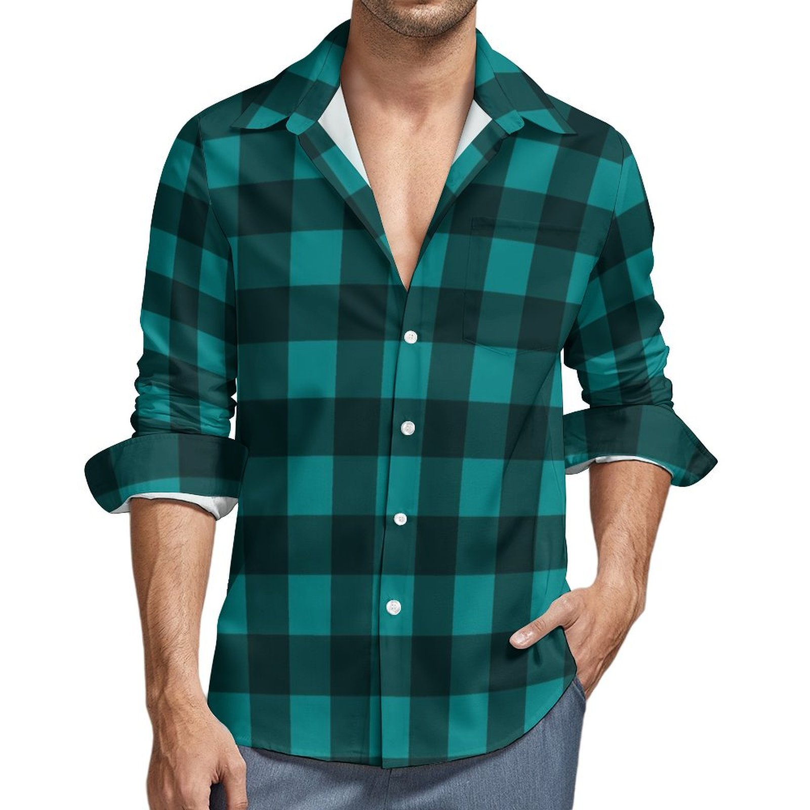 Long Sleeve Button Down Shirts for Men, Teal On Black Plaid Soft Casual ...