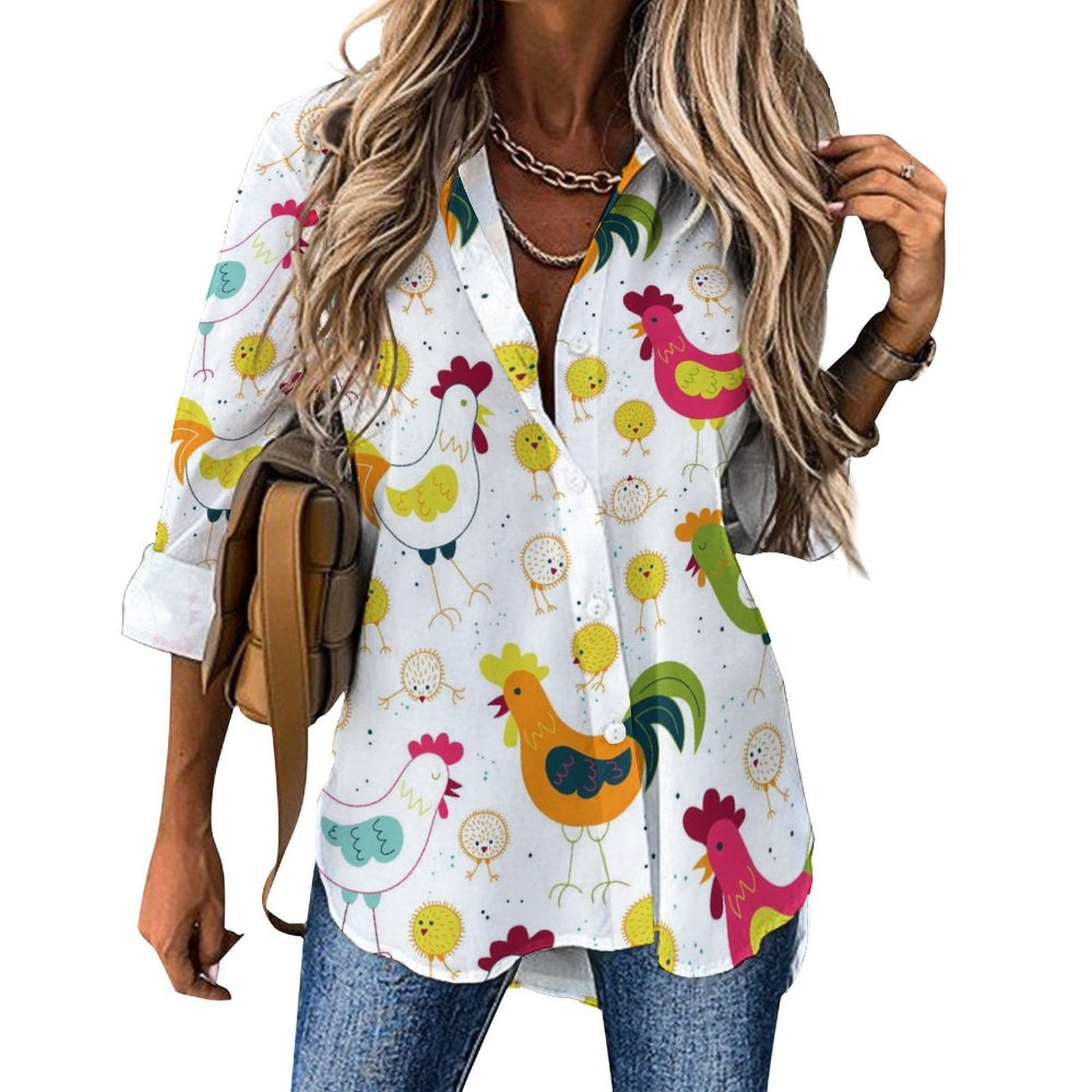 Long Sleeve Button Down Shirts for Women Chickens A V Neck Button Up ...