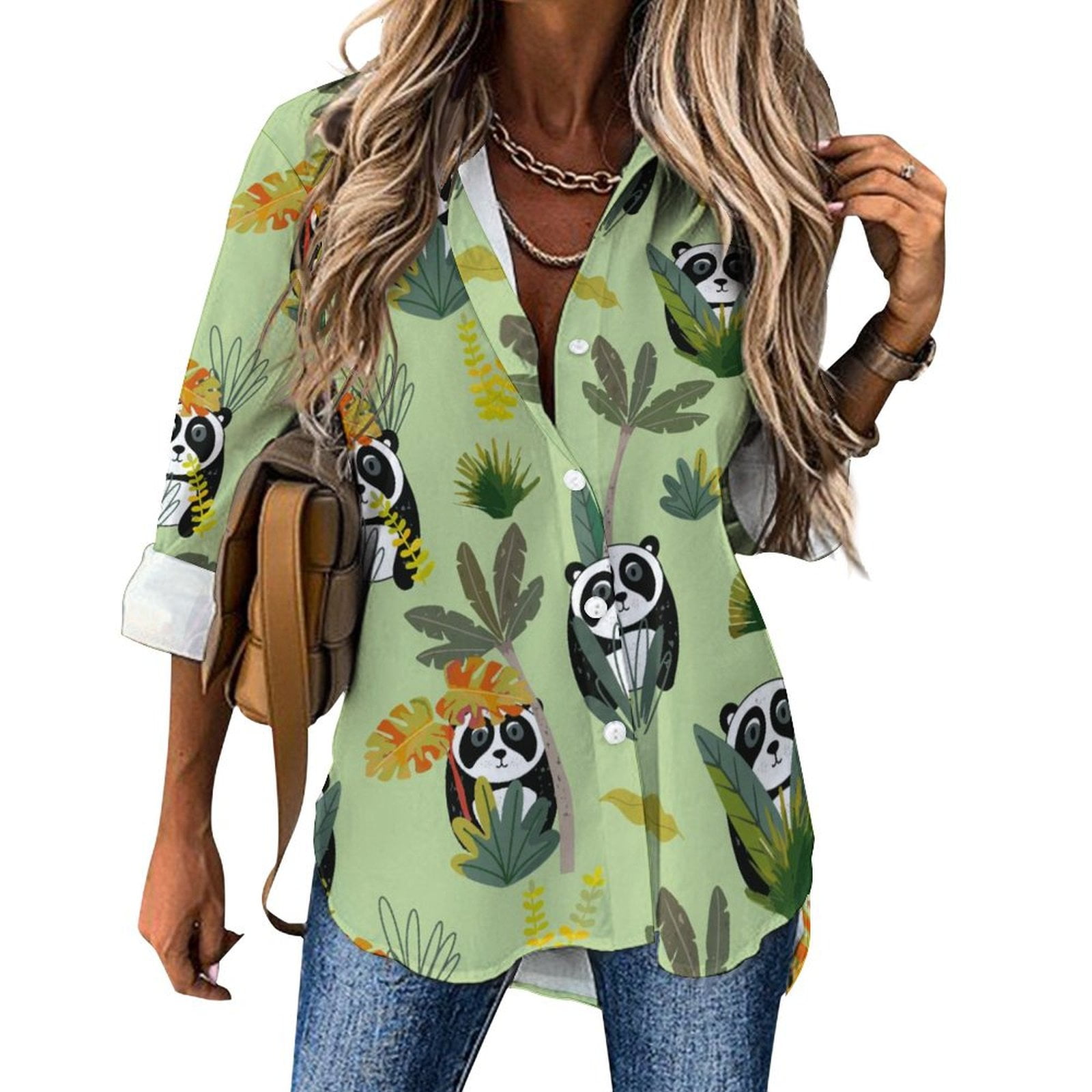 Long Sleeve Button Down Shirts for Women, Cute Panda Bear In Greenery ...