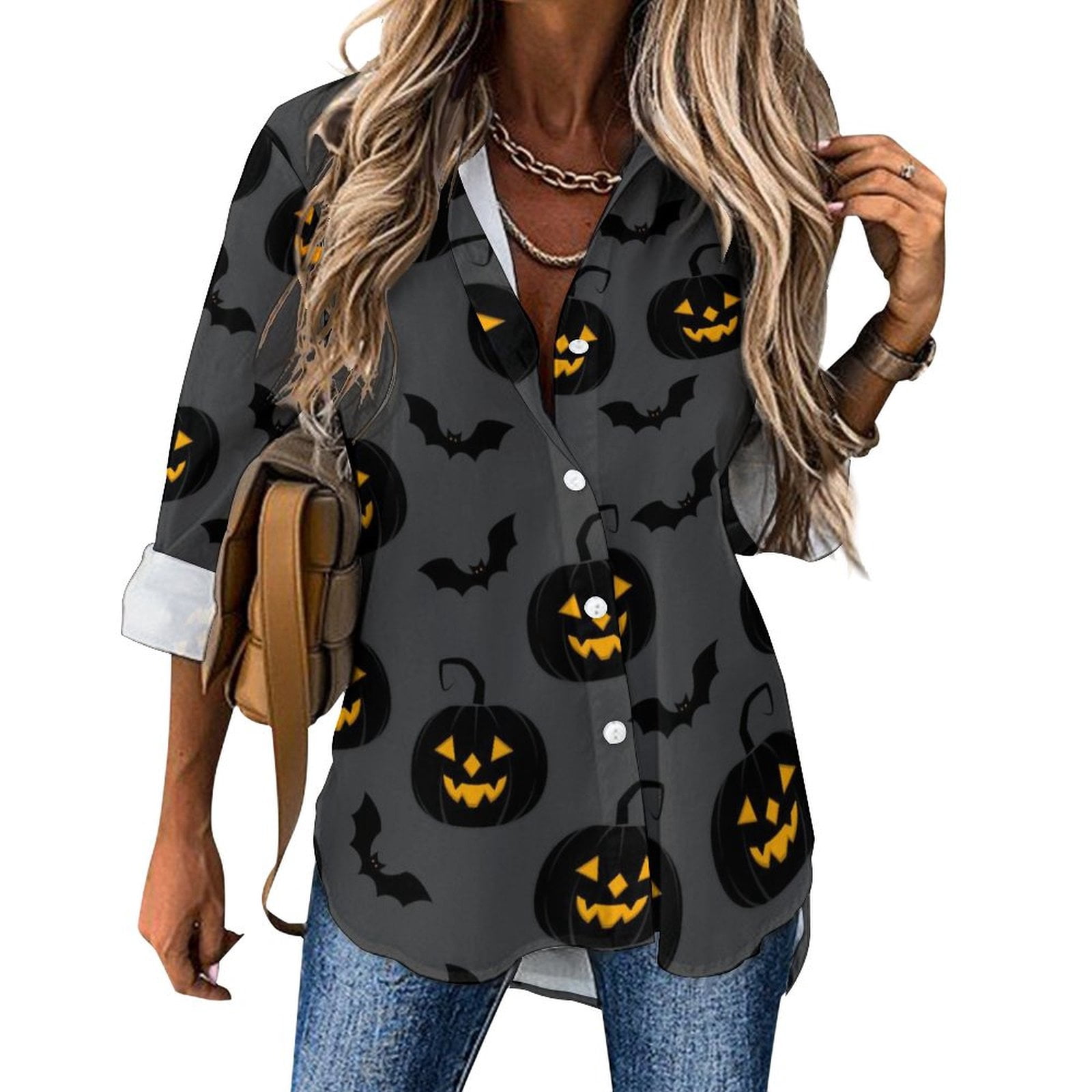 Long Sleeve Button Down Shirts for Women, Pumpkin Halloween Bats Fall ...