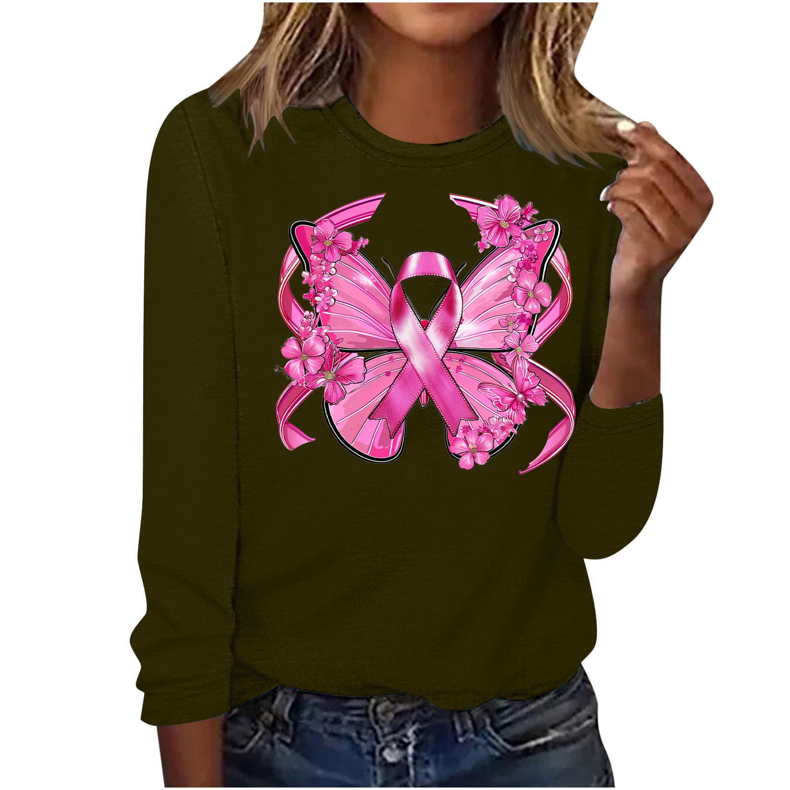 Long Sleeve Crew Neck Blouses for Women Pink Ribbon Breast Cancer ...