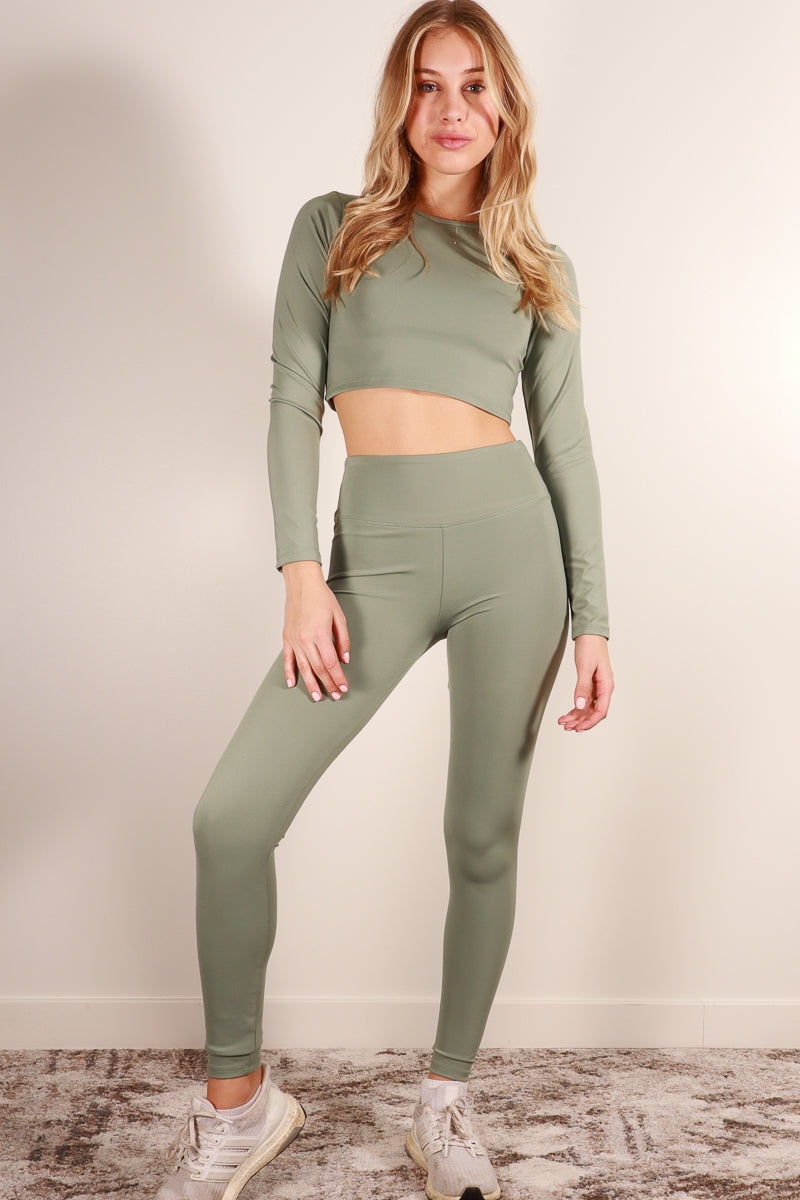 "Long Sleeve Crop Top and High Rise Leggings Athletic Ensemble ...