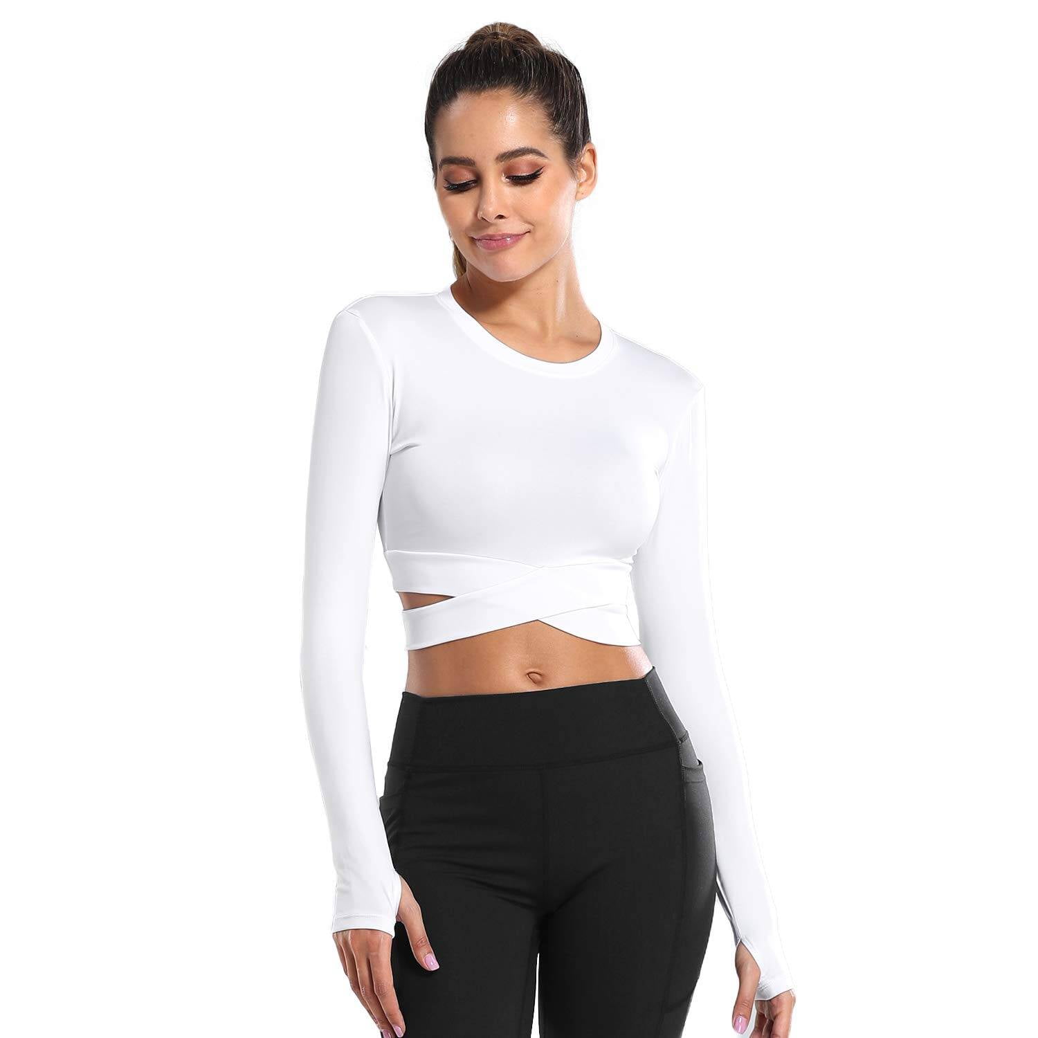 Walmart Women's Long Sleeve Crop Tops, Spandex Athletic Activewear ...