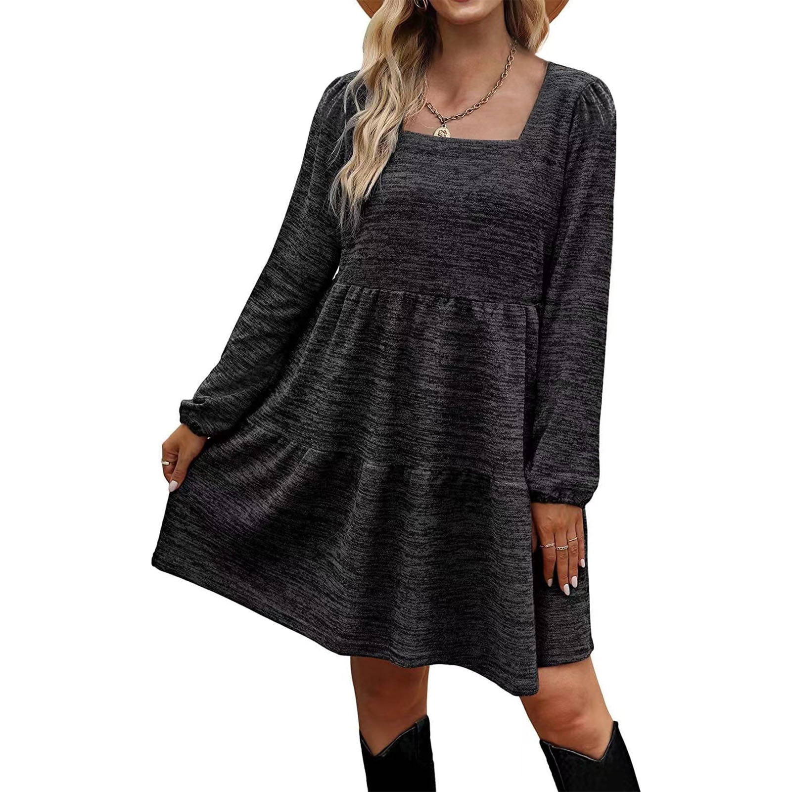 Yunuqso Long Sleeve Dress Squared Neck Pure Color Tiered Design Puff ...
