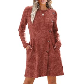 Fantaslook Long Sleeve Womens Dresses Crew Neck Buttons Tunic Sweater ...