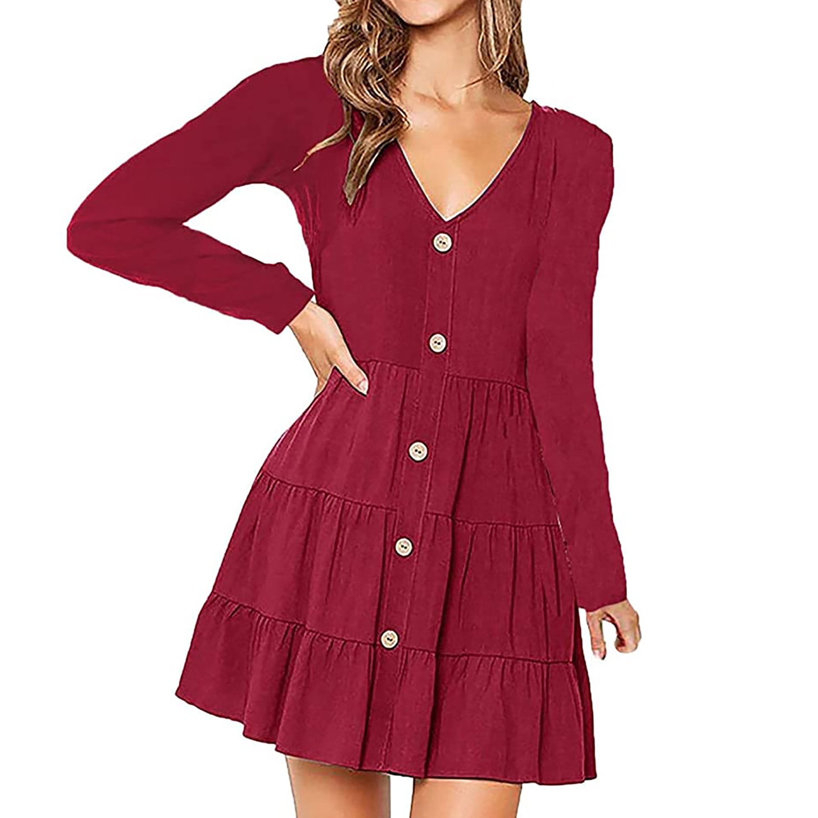 Long Sleeve Dress for Women V Neck Button Down Solid Color Ruffle Dress ...