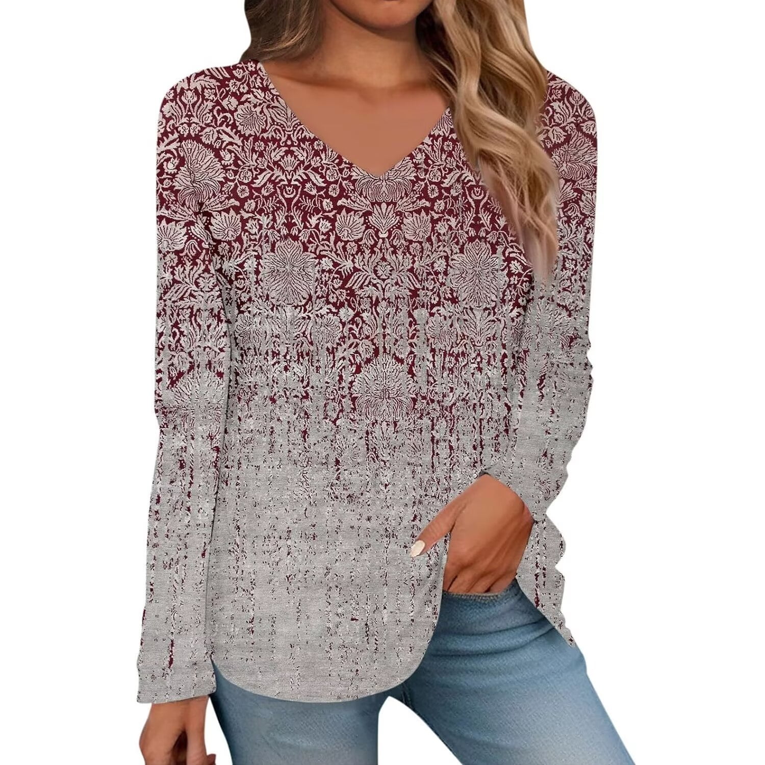 Long Sleeve Fall Blouses for Women Tribal Floral Tunics Tops to Hide ...