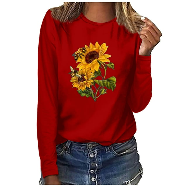 Long Sleeve Graphic Tops for Women Sunflower Print Shirts Round Neck ...