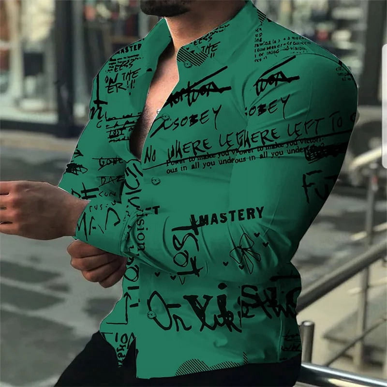 Long Sleeve Hawaiian Shirts Men Fashion Letter Shirt Black White Lepal ...