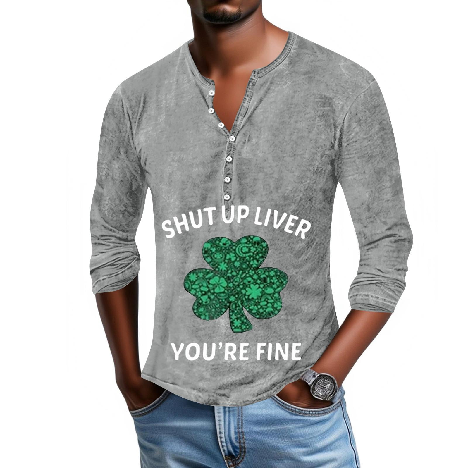 Long Sleeve Henley Shirt with Four Leaf Clover Print and Letter Graphic ...