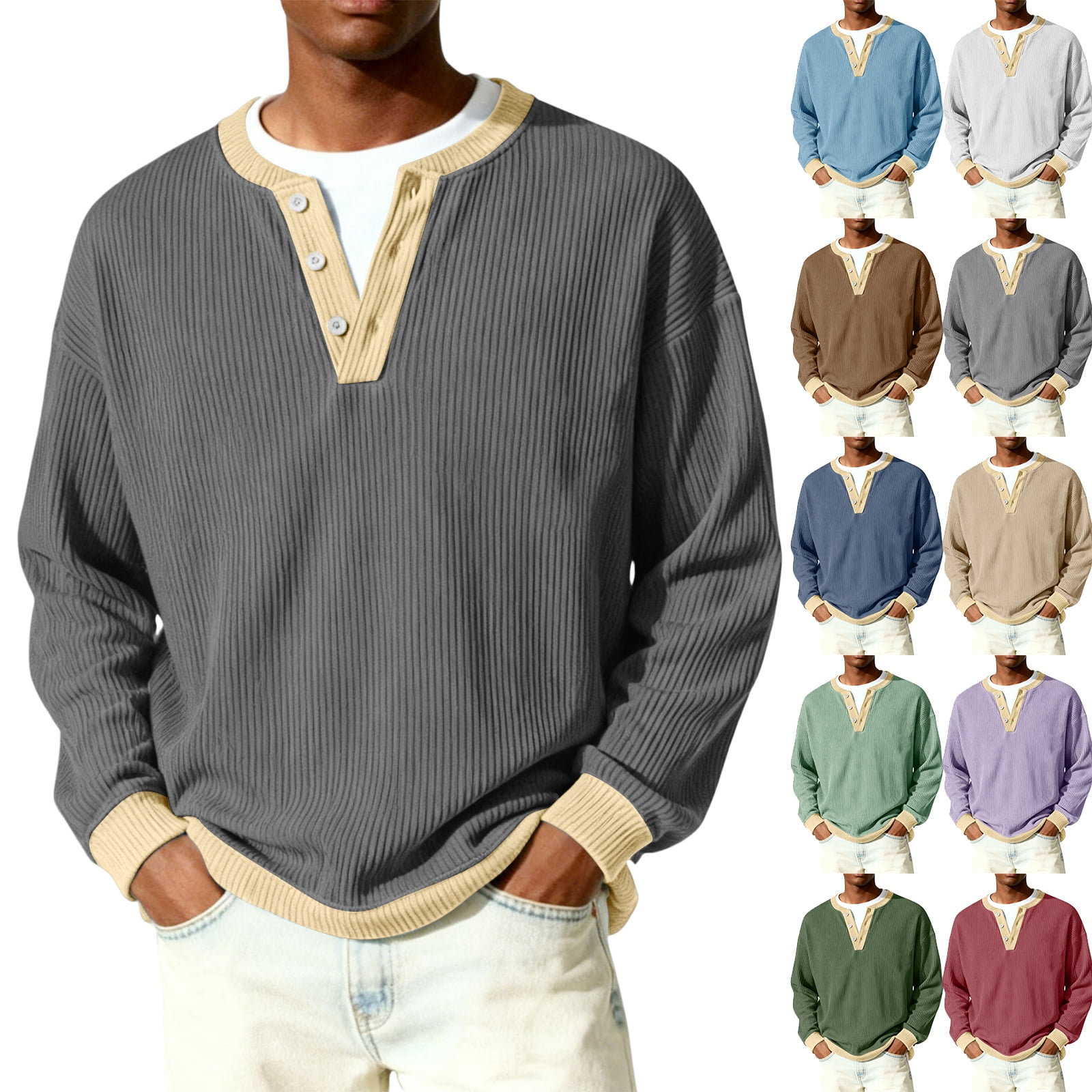 Long Sleeve Henley Shirts for Men, Relaxed Fit Button Down Workout ...