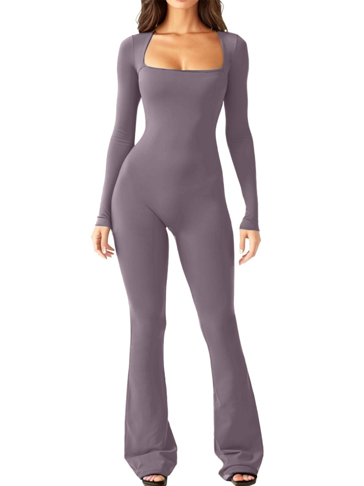 Long Sleeve Jumpsuits For Women Square Neck Wide Leg Full Length Romper