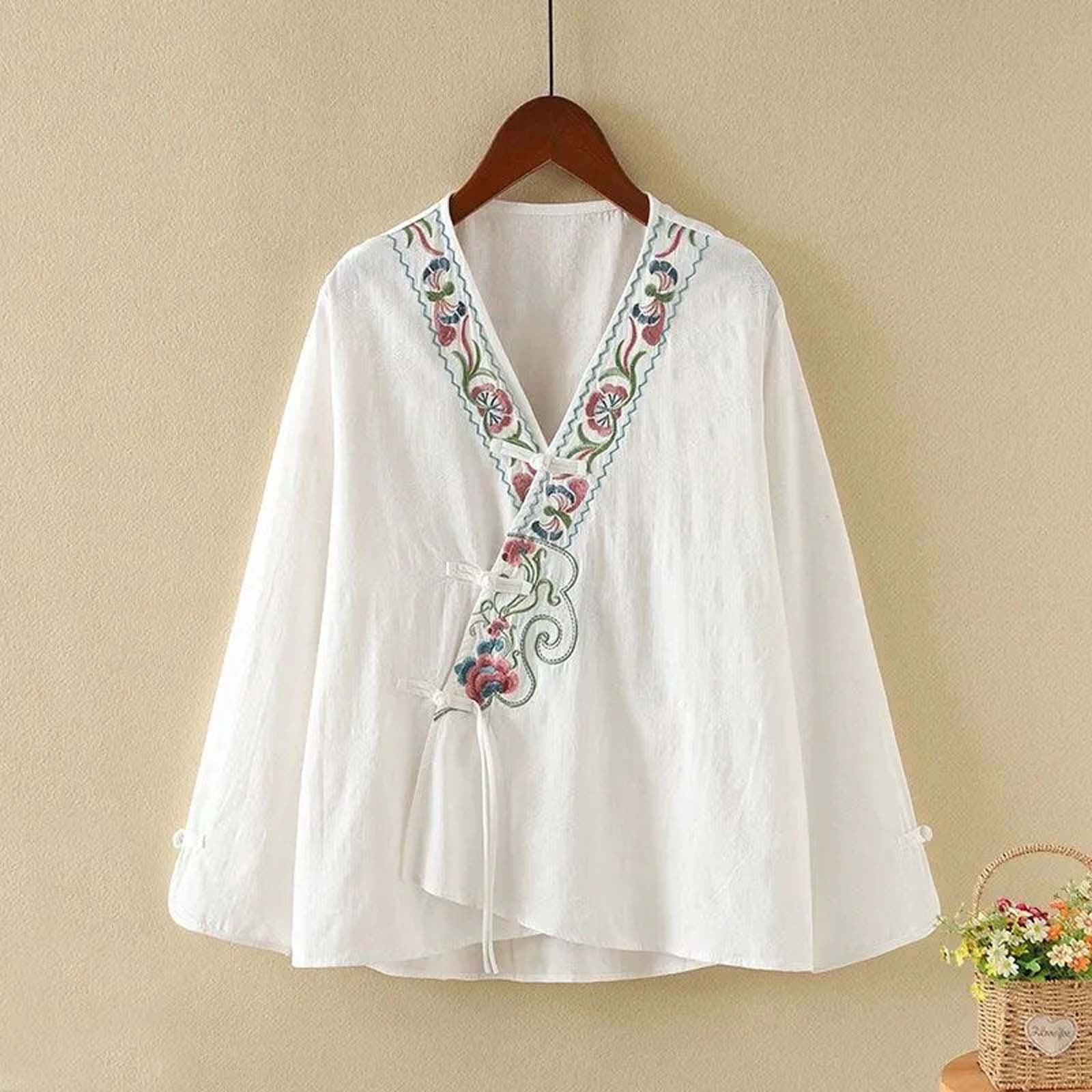Long Sleeve Kimono Style Blouse for Women V Neck Embroidered Floral ...