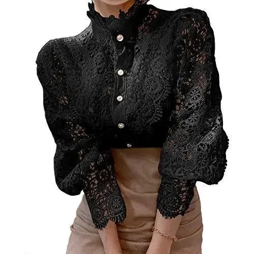 Long Sleeve Lace Blouse Summer Korea Women Sexy Hollow Out Flower White Lace Basic Shirt Top ...