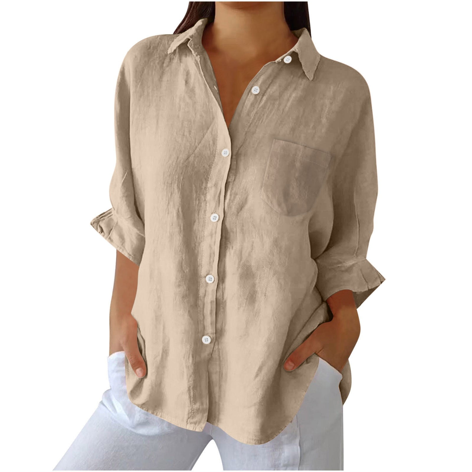 Yubnlvae Khaki Women Button down Shirts Cotton Linen Blouse Tops Long ...