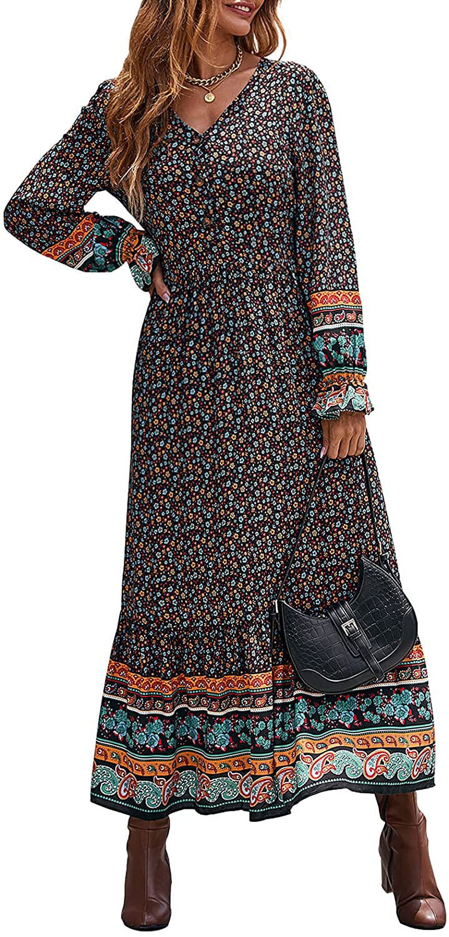 Long Sleeve Maxi Dress for Women - V Neck Casual Button Down Boho ...