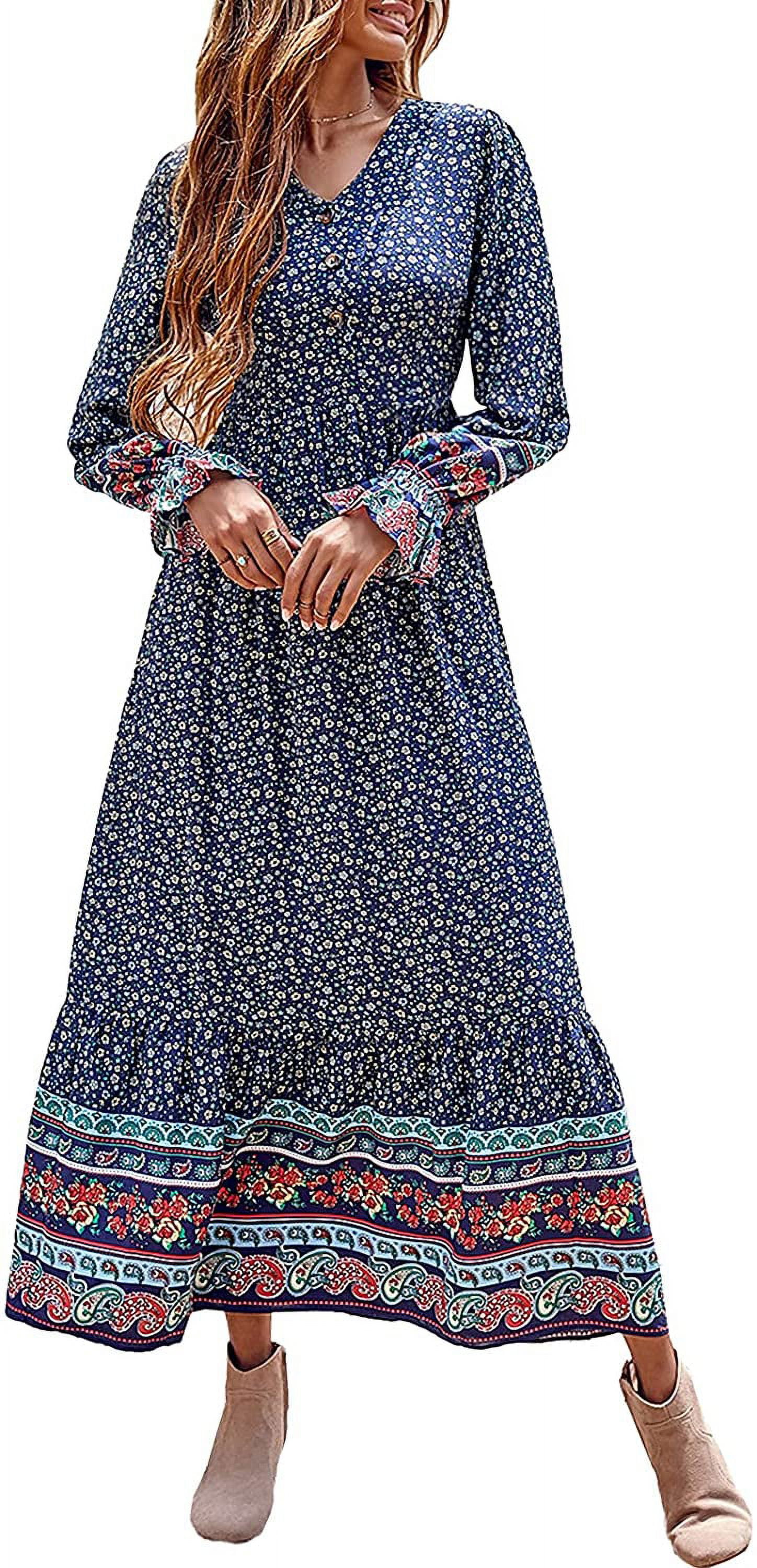 Long Sleeve Maxi Dress for Women - V Neck Casual Button Down Boho ...