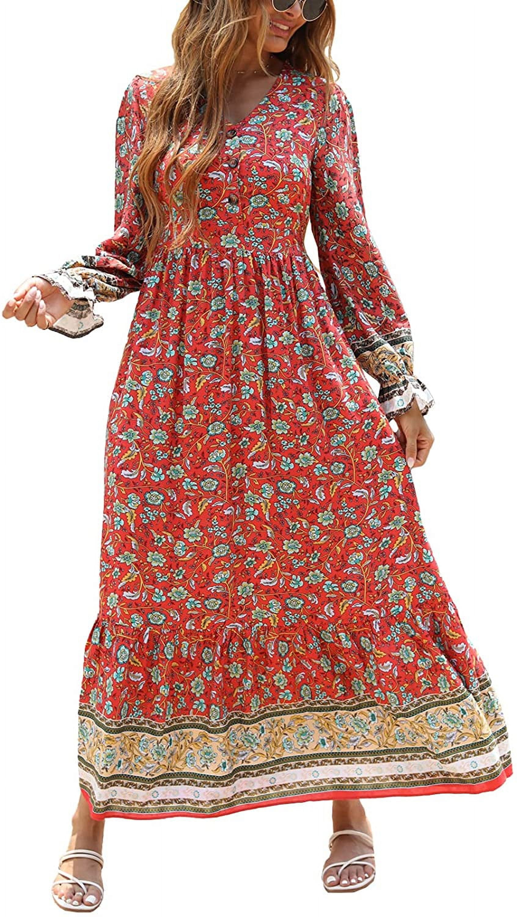 Long Sleeve Maxi Dress for Women - V Neck Casual Button Down Boho ...