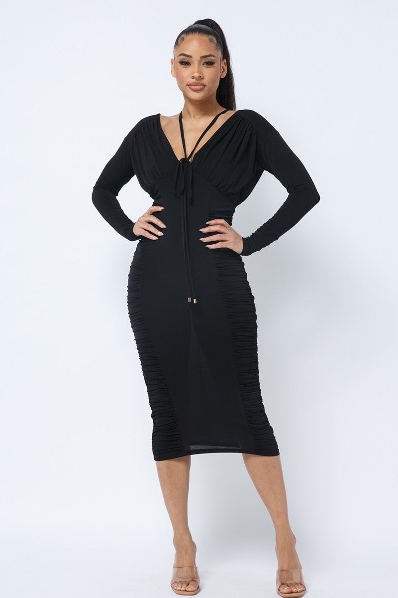 Long Sleeve Midi Dress With Low V Neck Front And Back With Ruching On ...