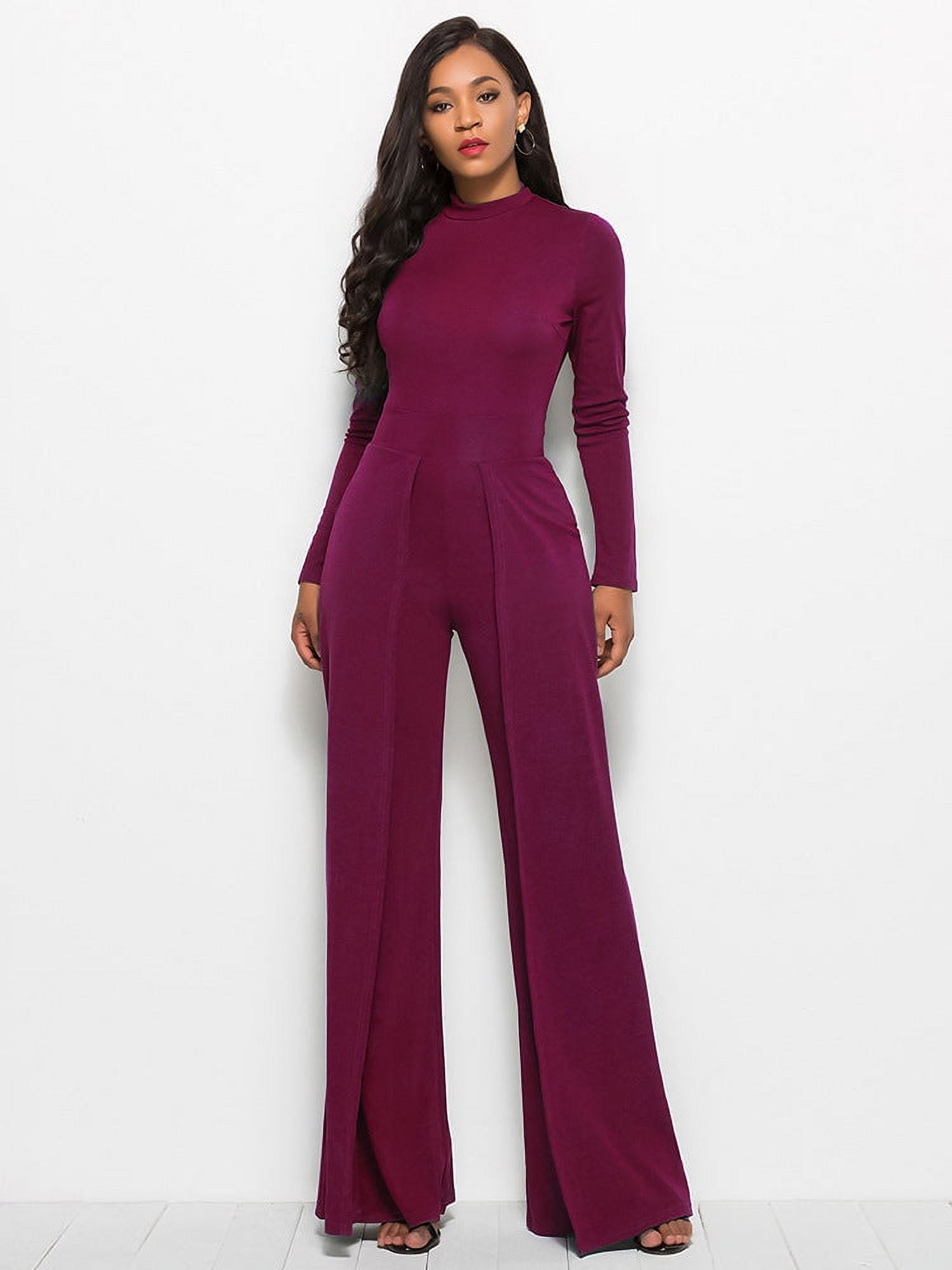 Long Sleeve Mock Neck Wide Leg Jumpsuit - Walmart.com