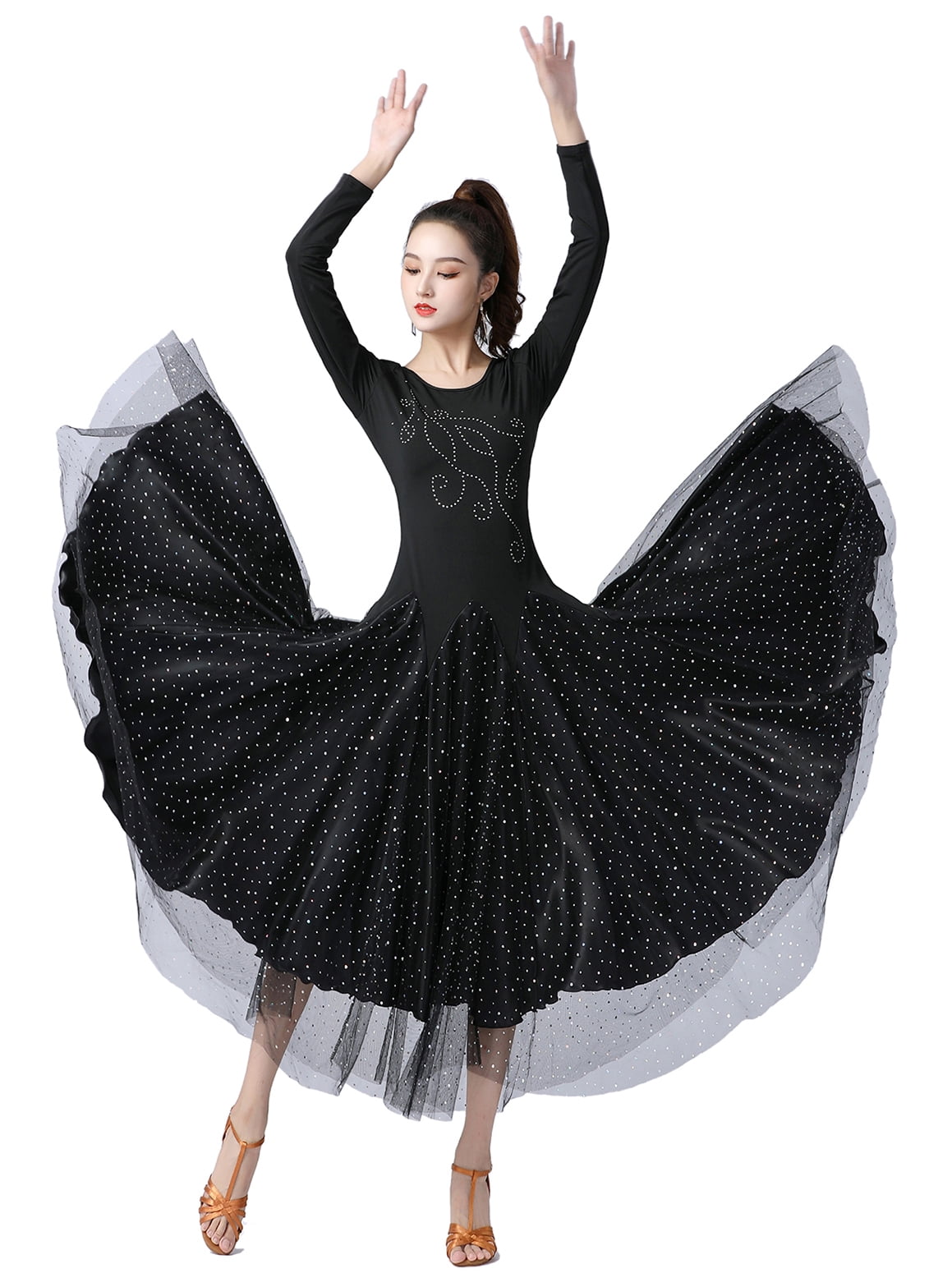 Long Sleeve Modern Waltz Ballroom Latin Dance Practice Wear Dress With ...