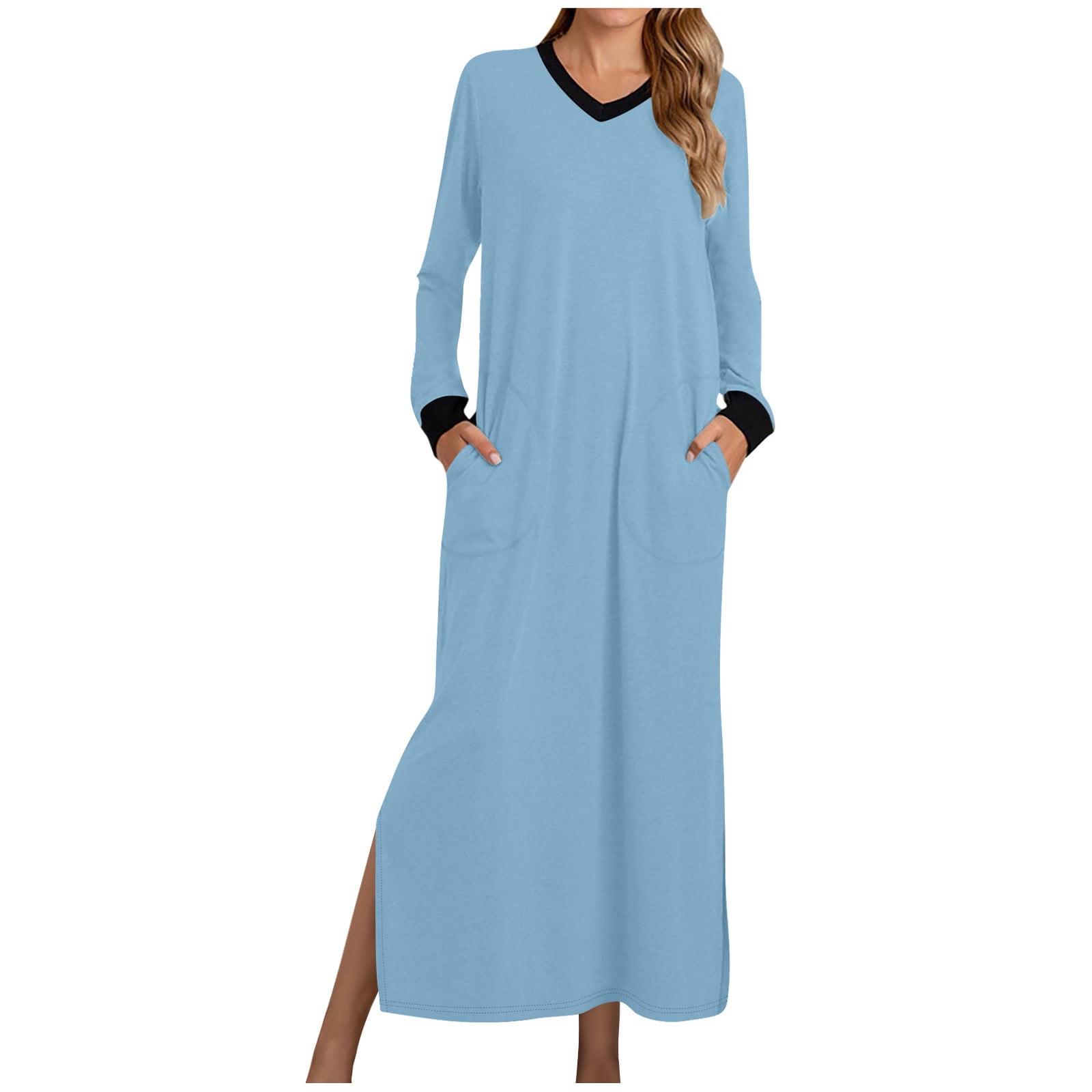 Long Sleeve Nightgown Pajama Dress Soft V Neck Colorblock Side Split ...
