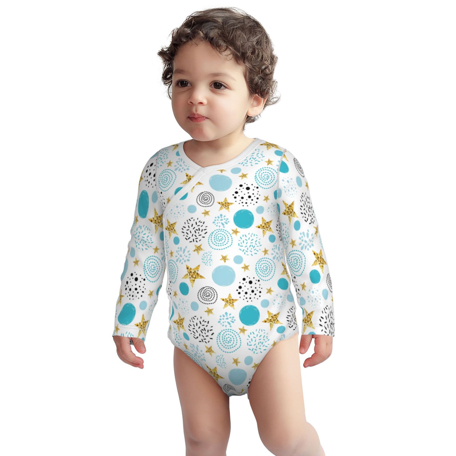 Long Sleeve Onesies Girl Boy, Gold Stars Blue Dots Pattern Cute Comfy ...