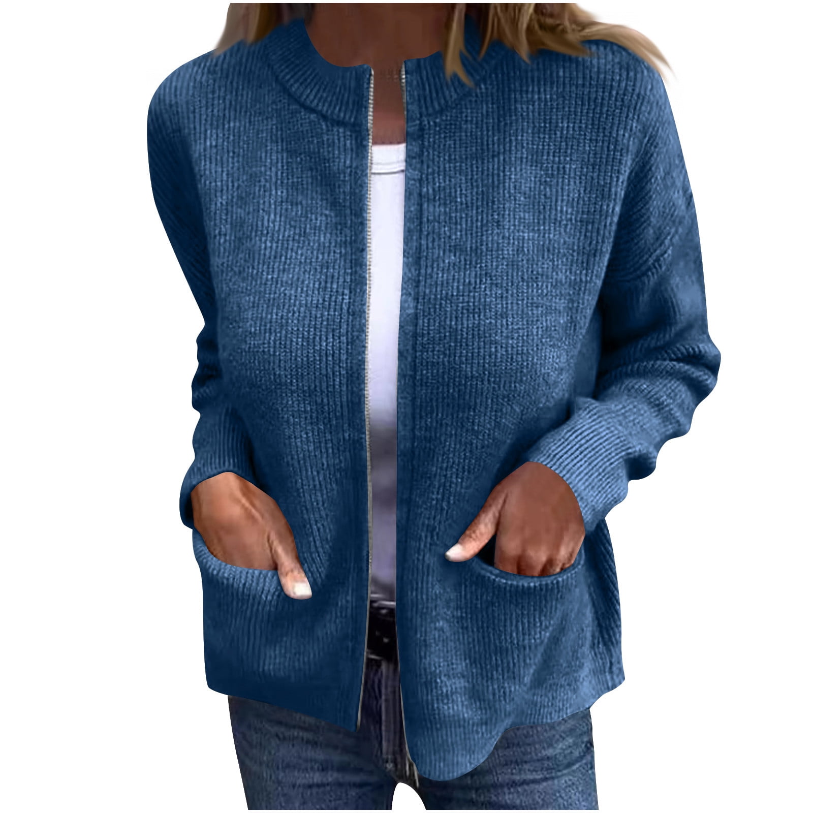 Long Sleeve Open Front Sweaters for Women Full Zip Cable Knit Cardigan ...