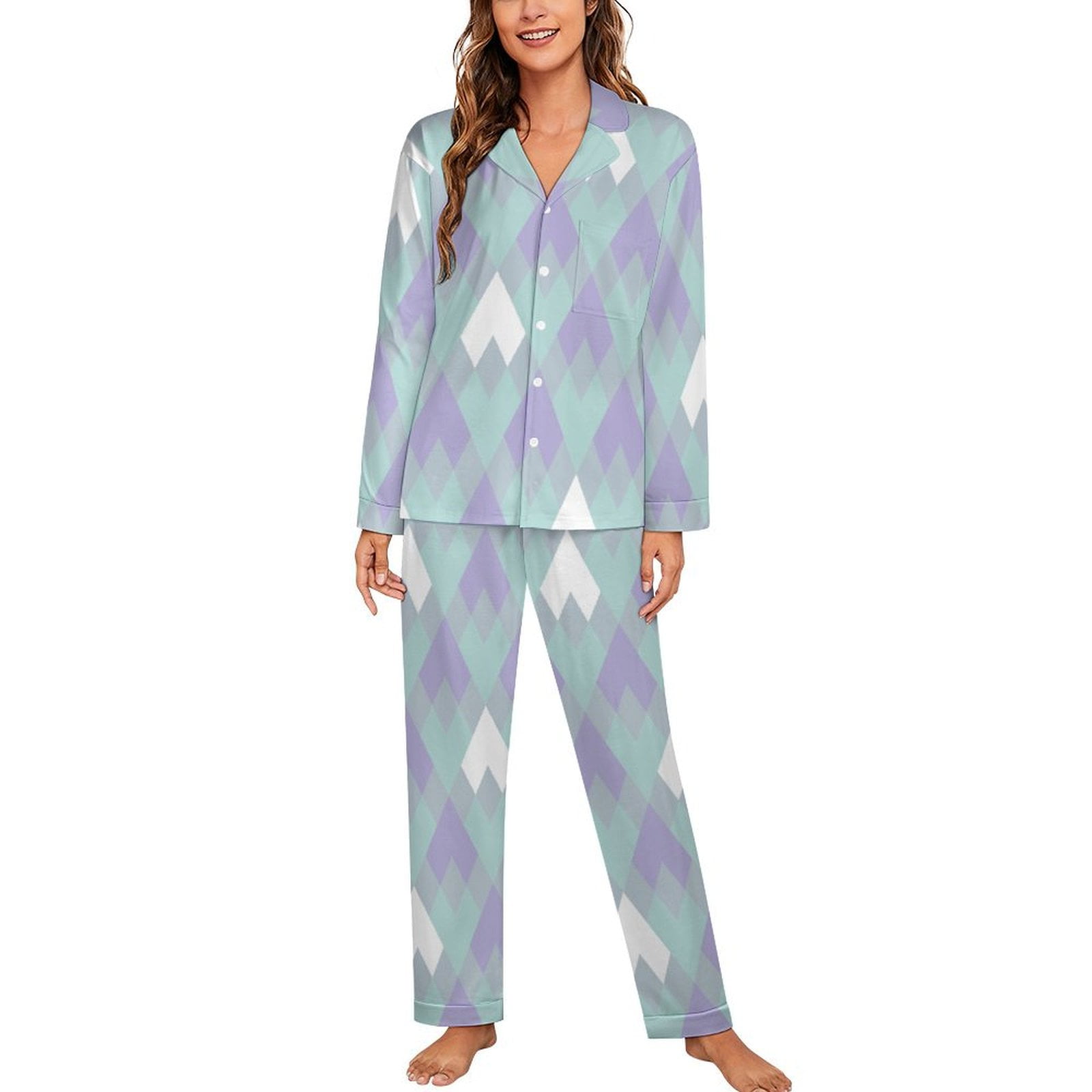 ANYWAY.GO Long Sleeve Pajama Set for Women Diamond Shape Based ...