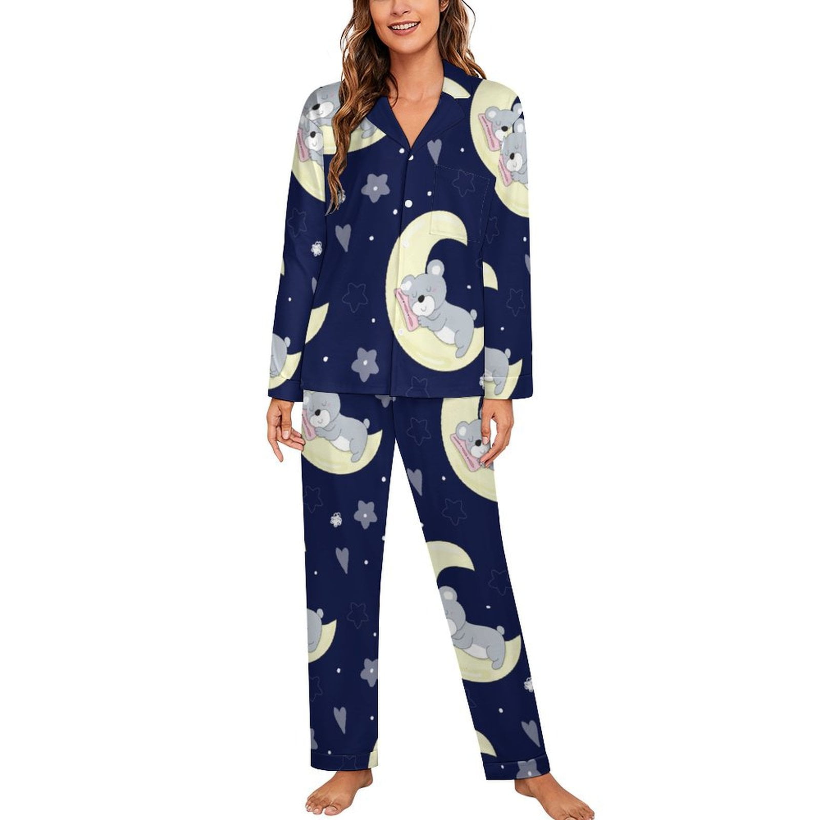 ANYWAY.GO Long Sleeve Pajama Set for Women Pattern Bear Moon Long ...