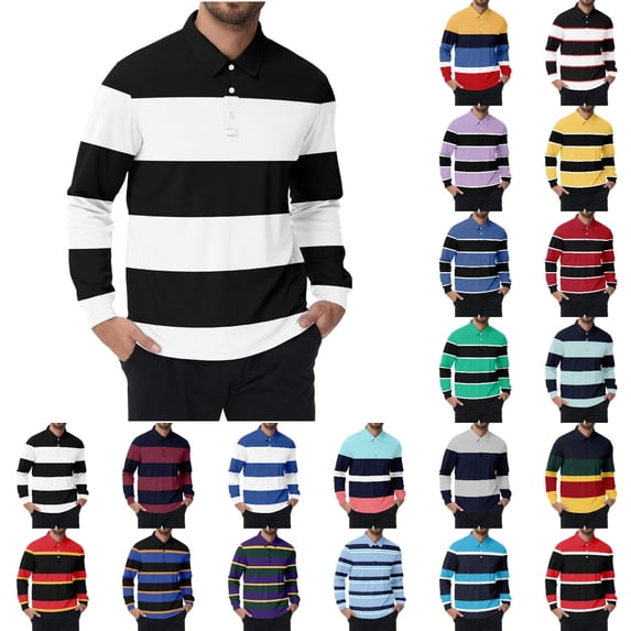 Long Sleeve Polo Shirts for Men Casual Button Down Collared Striped ...