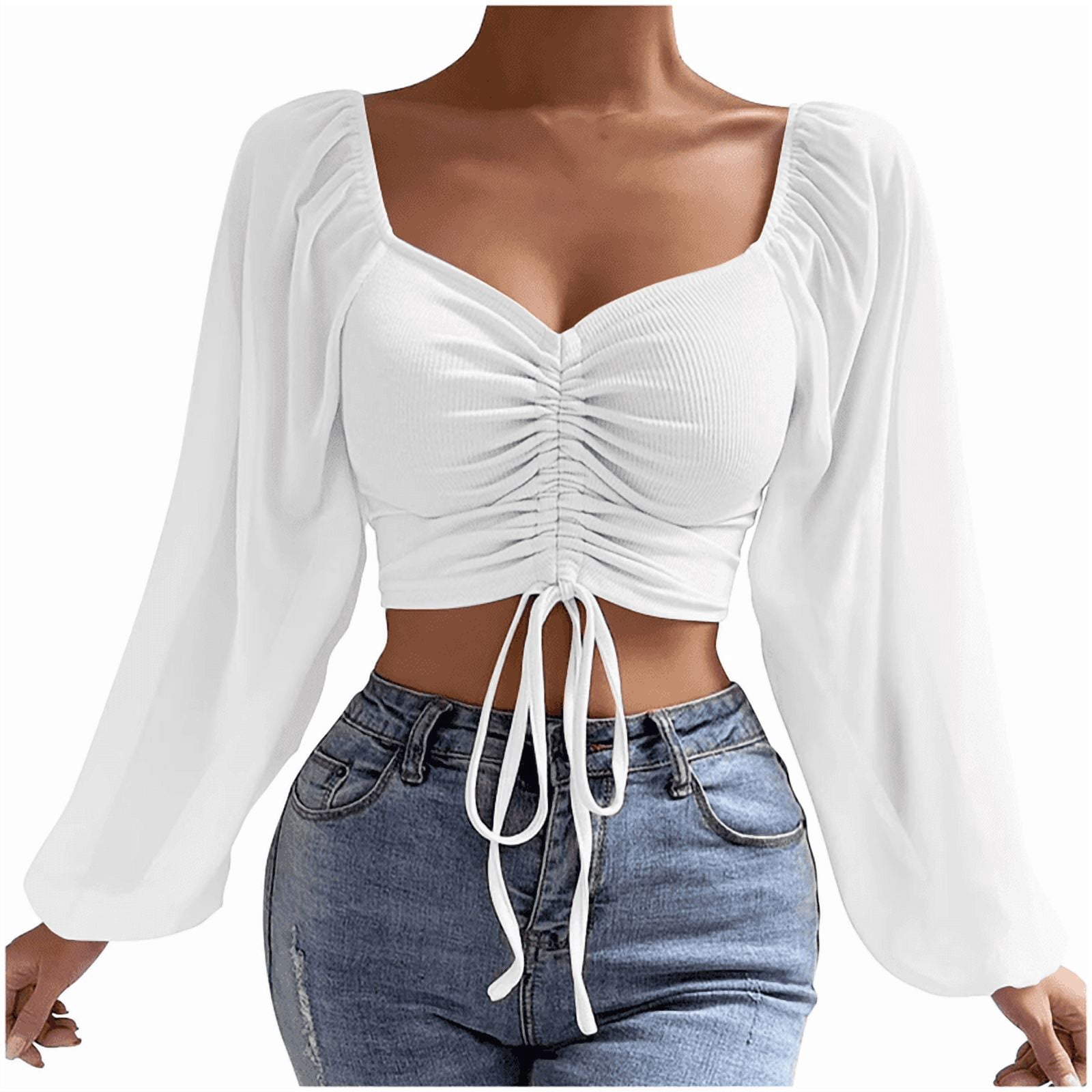 Long Sleeve Ribbed Knit Shirts for Women Ruched Drawstring V Neck Crop ...