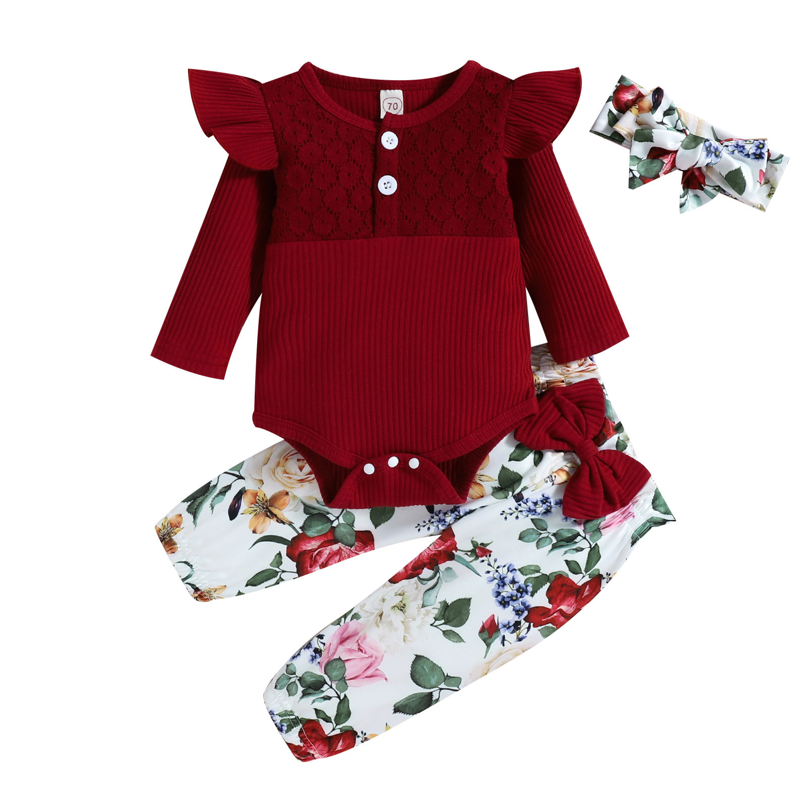 Long Sleeve Ribbed Romper Bodysuits Floral Printed Pants Headbands ...