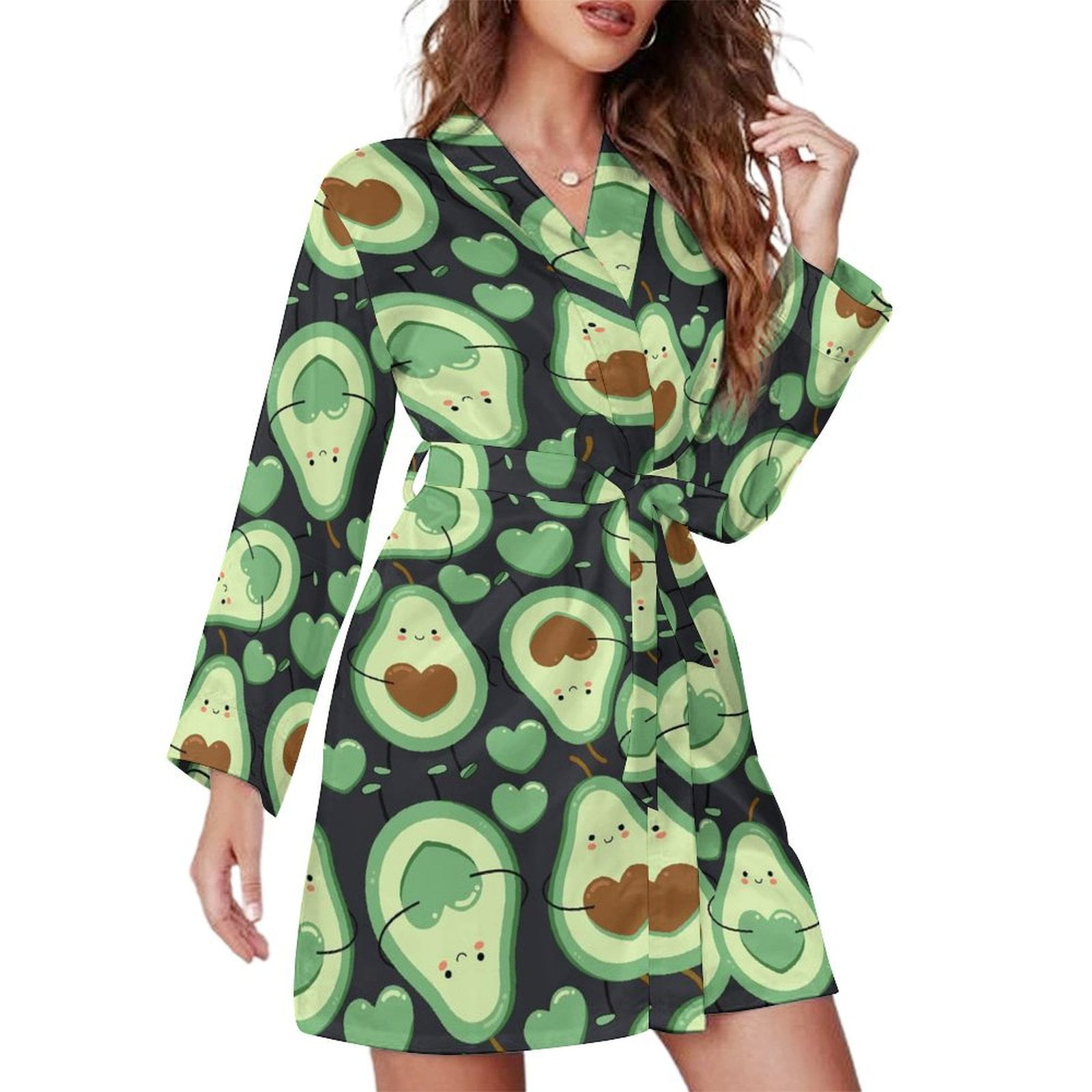 Long Sleeve Robes for Women Avocado Heart Soft Belted Bathrobe ...