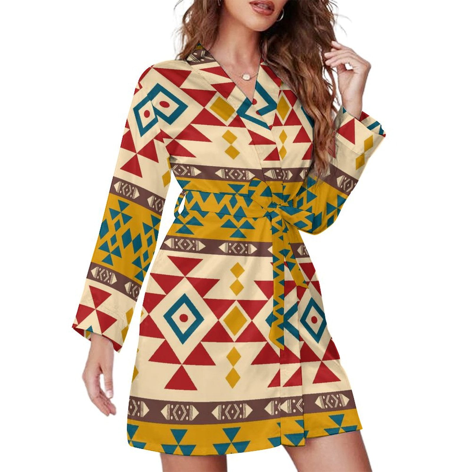 Long Sleeve Robes for Women Aztec Soft Belted Bathrobe Nightgown V Neck ...