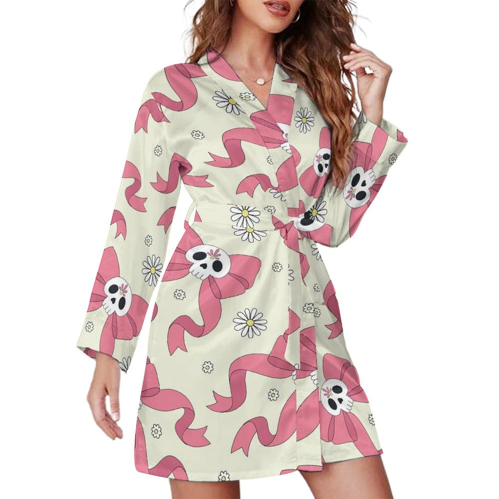 Long Sleeve Robes for Women Bow With Sugar Skull Soft Belted Bathrobe ...