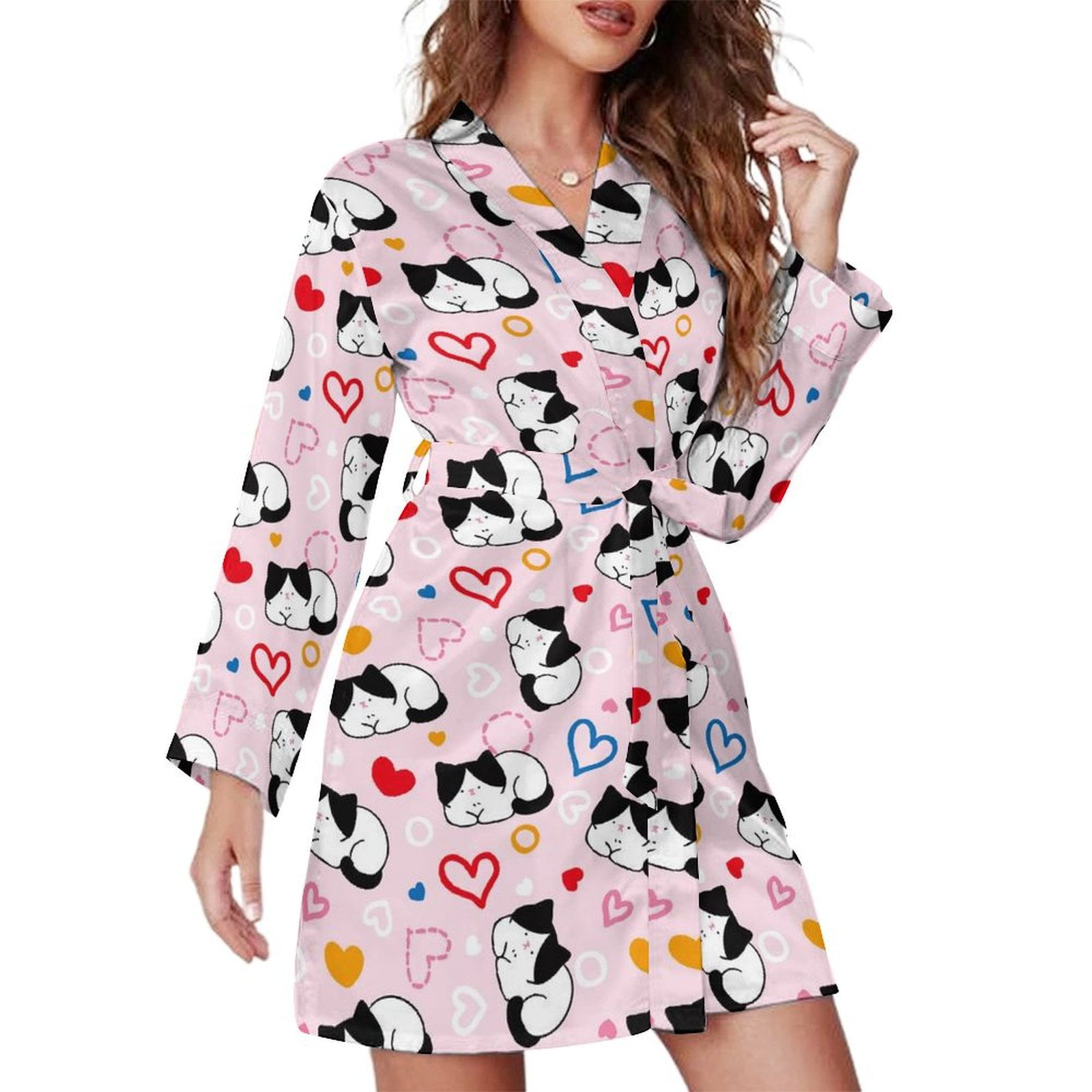 Long Sleeve Robes for Women Cartoon Cat And Heart Soft Belted Bathrobe ...