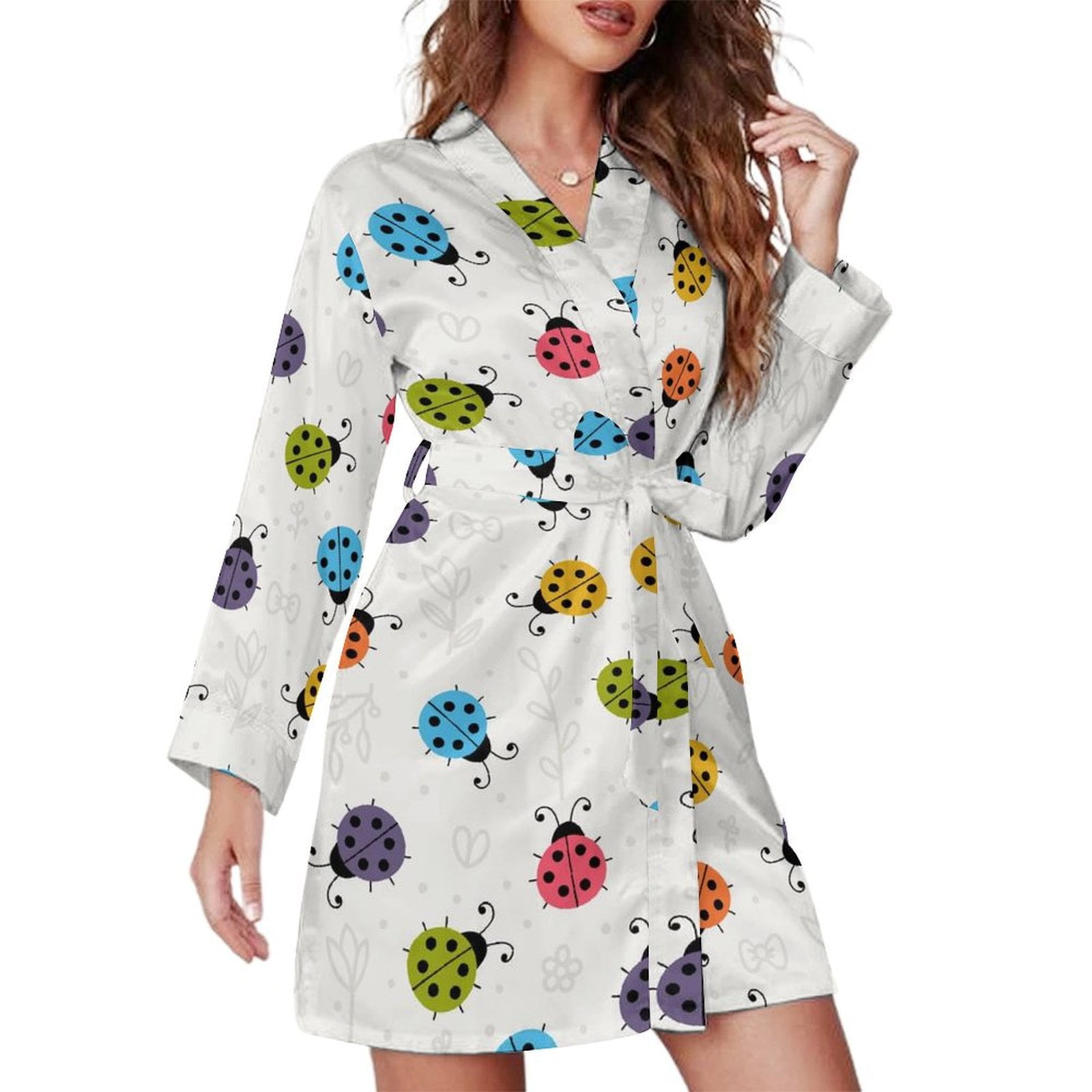 Long Sleeve Robes for Women Cute Ladybugs Soft Belted Bathrobe ...