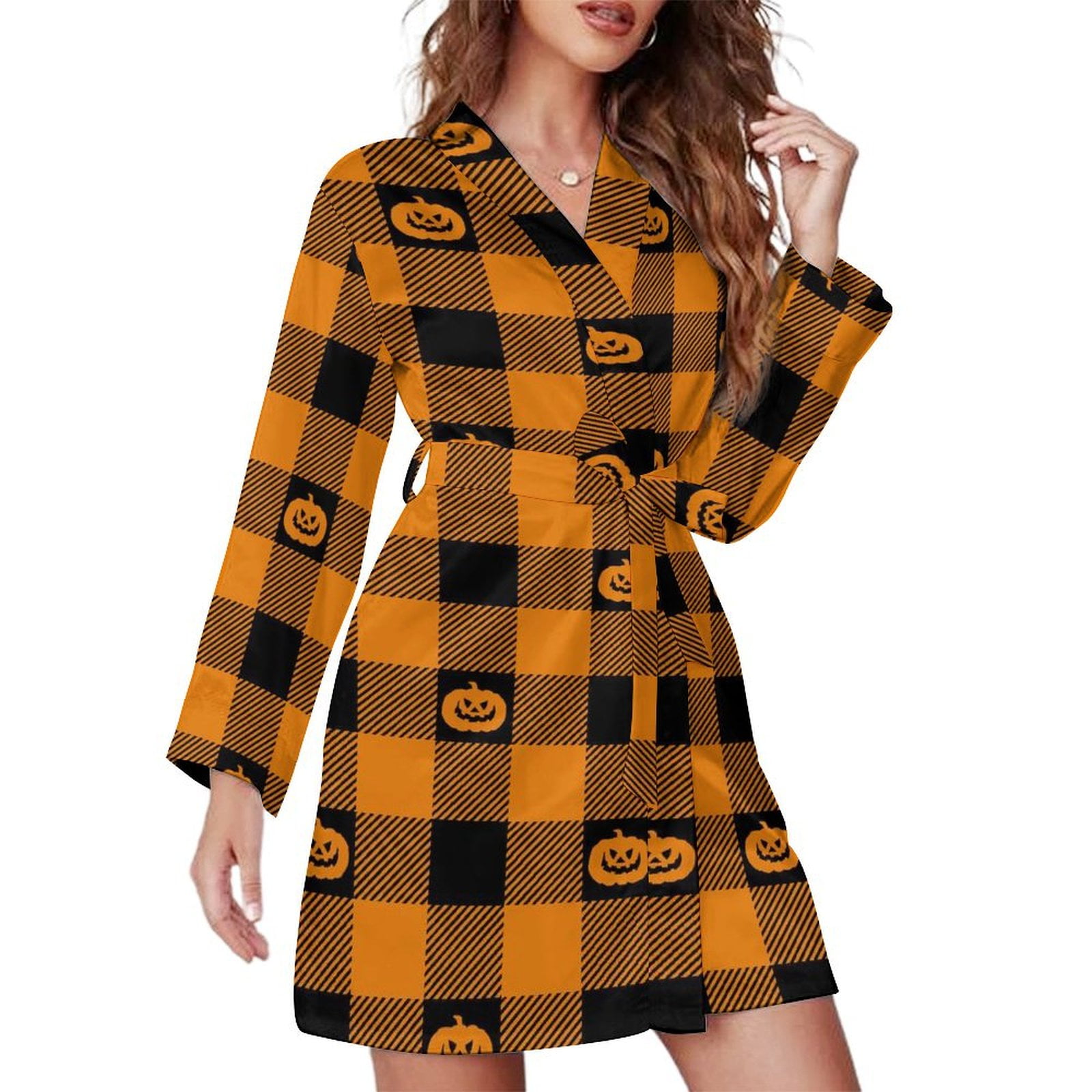 Long Sleeve Robes for Women Halloween Elements Plaid Pumpkins Soft ...