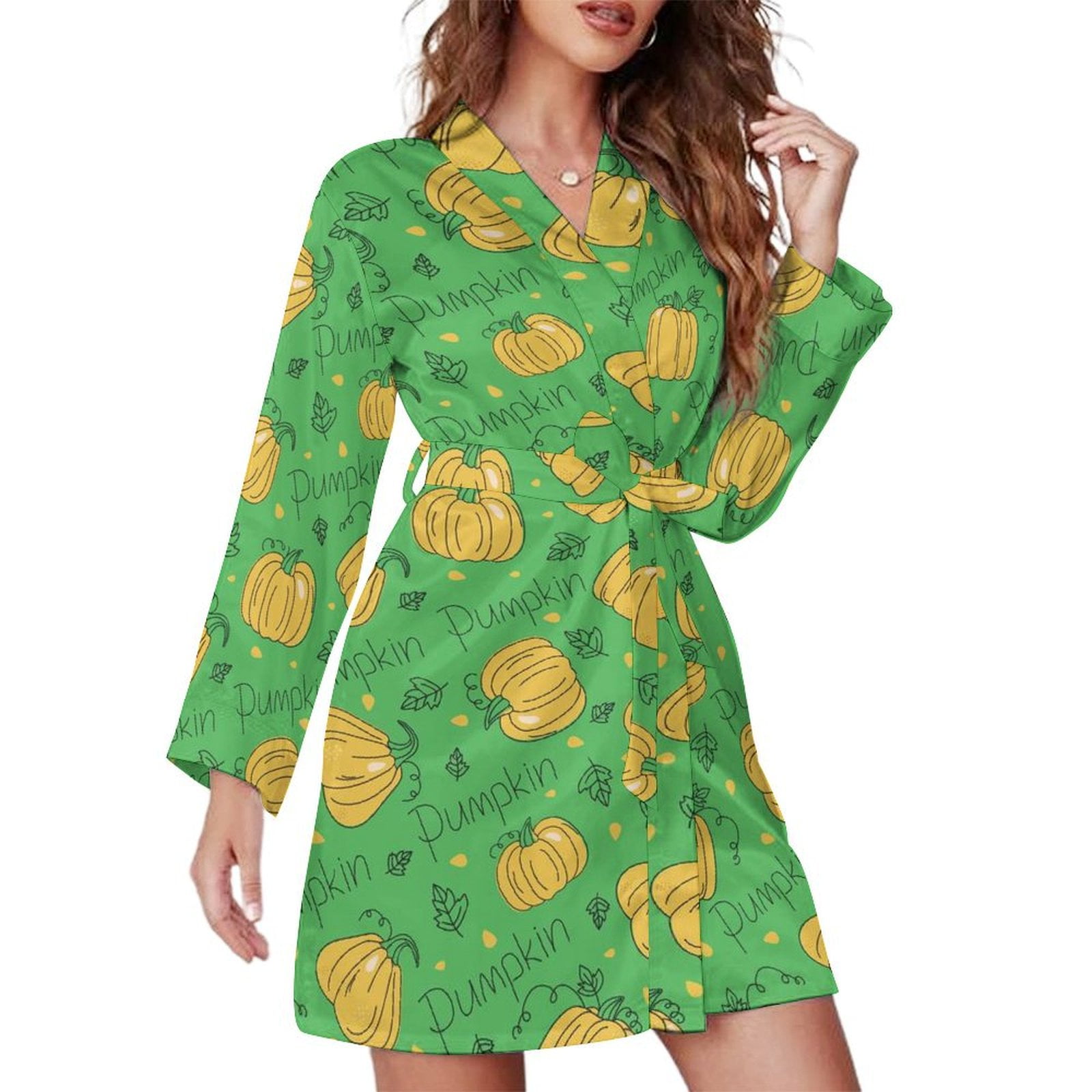 Long Sleeve Robes for Women Pumpkin Leaves Soft Belted Bathrobe ...