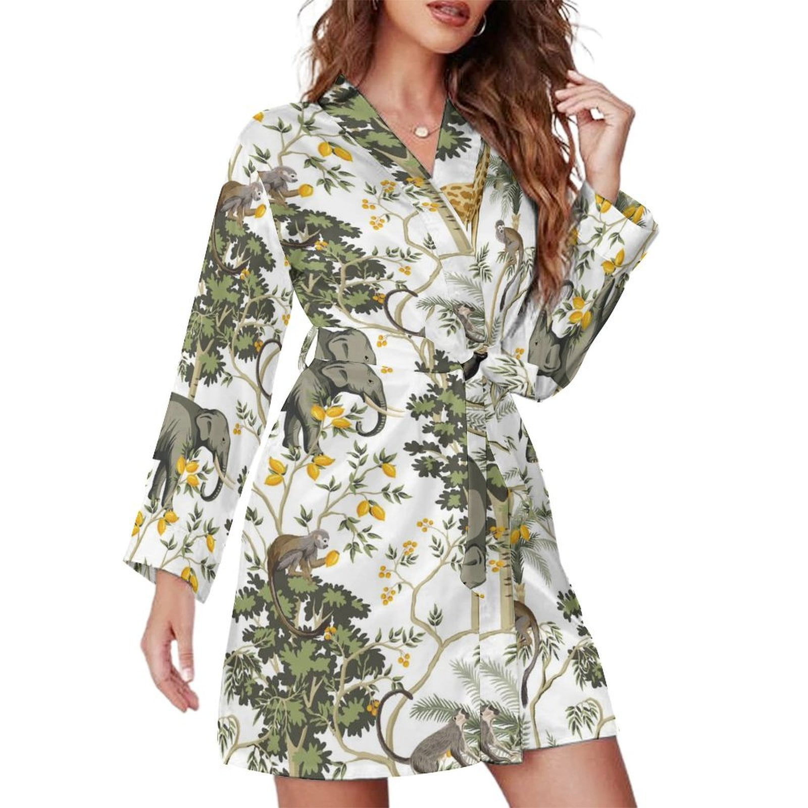 Long Sleeve Robes for Women Vintage Animals Palm Tree Soft Belted ...