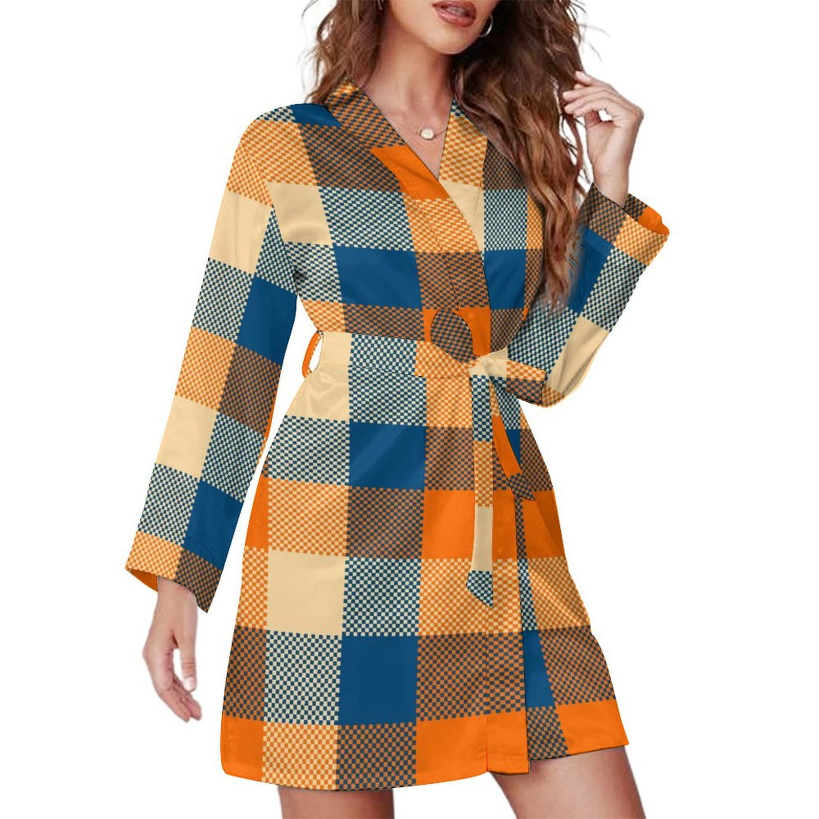 Long Sleeve Robes for Women Warm Orange Plaid Soft Belted Bathrobe ...