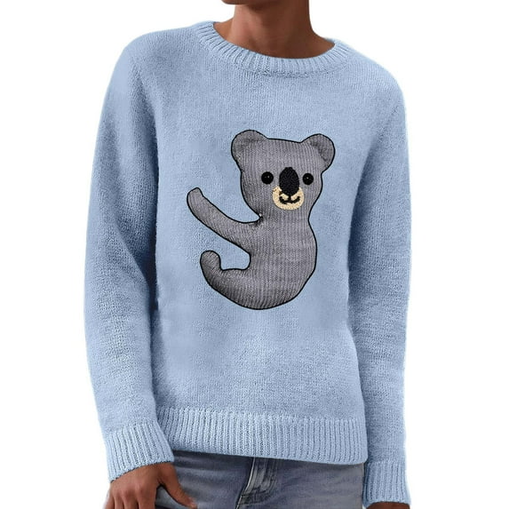 Long Sleeve Round Neck Printed Pullover Sweater Soft Casual Knit Top ...