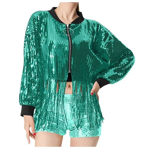 Long Sleeve Sequin Tassel Cropped Jacket For Women Sparkly Zip Up ...