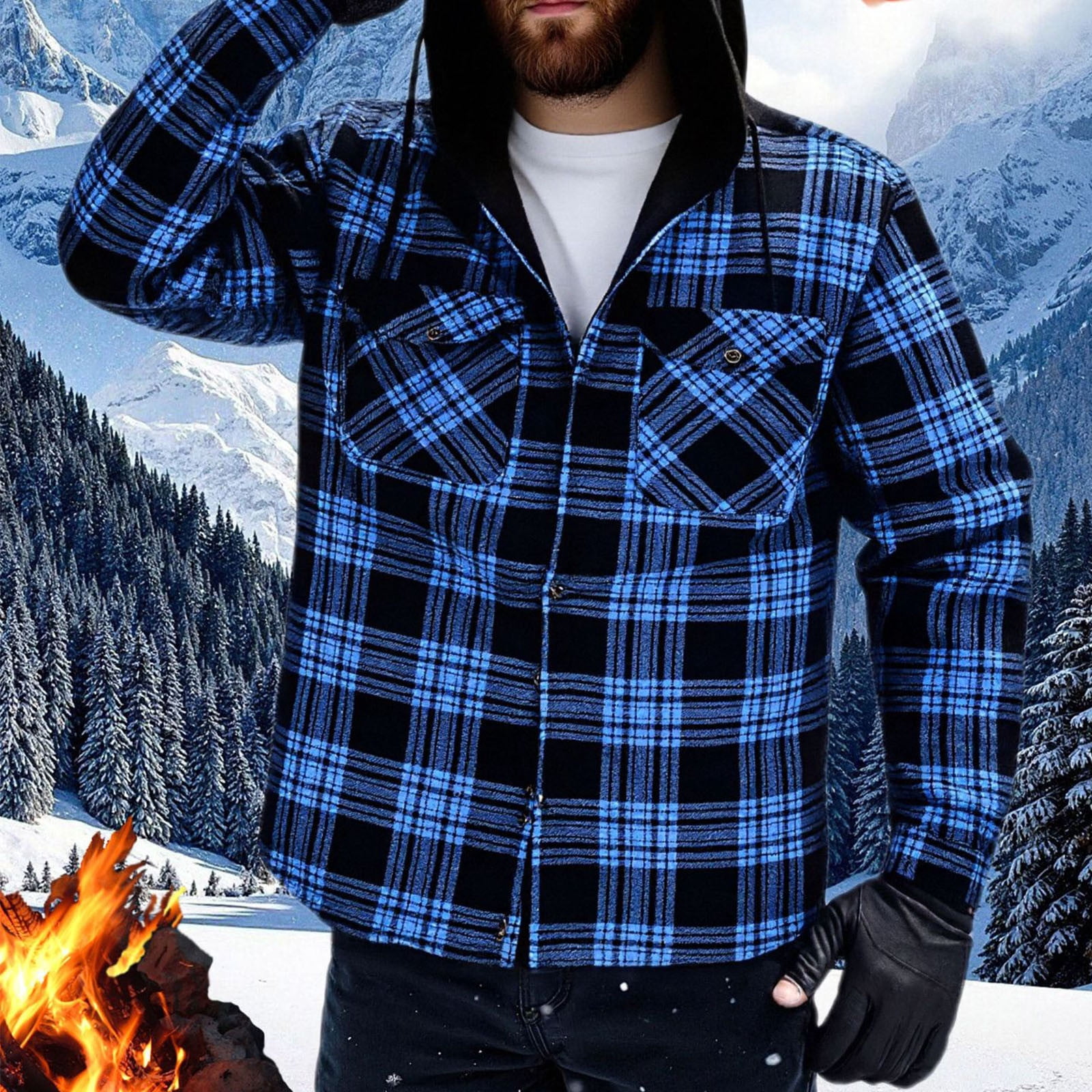 Long Sleeve Shirt for Men Fleece Lined Hoodie Plaid Button Down Shirt ...