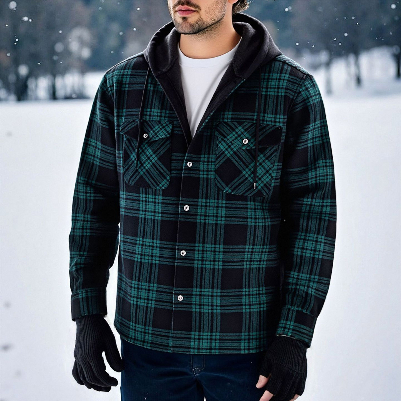 Long Sleeve Shirt for Men Fleece Lined Hoodie Plaid Button Down Shirt ...
