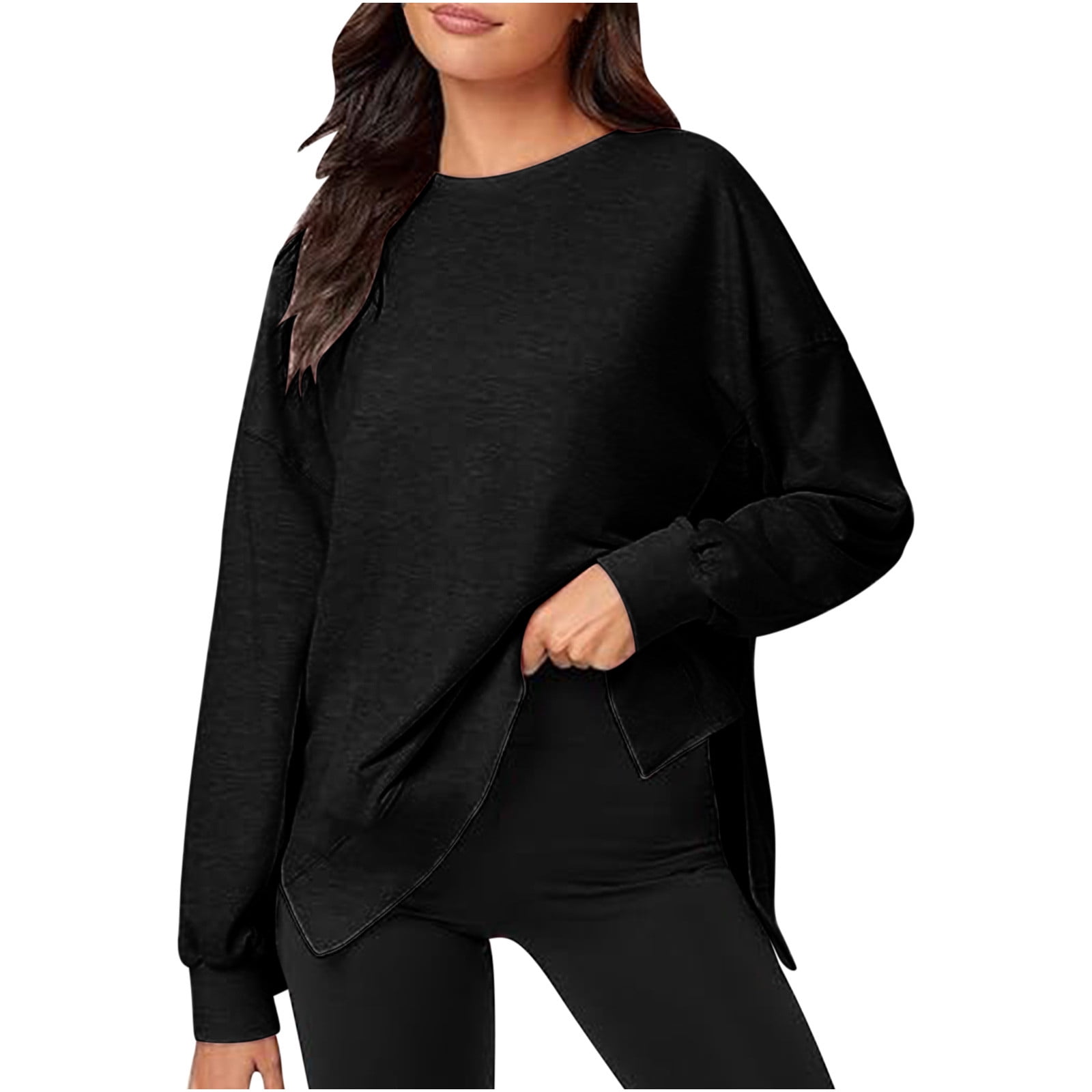 Long Sleeve Shirt for Women Round Neck Tops Oversized Side Split ...
