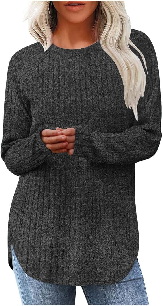 Long Sleeve Shirts For Women Crewneck Solid Color Pullover Tops Casual ...
