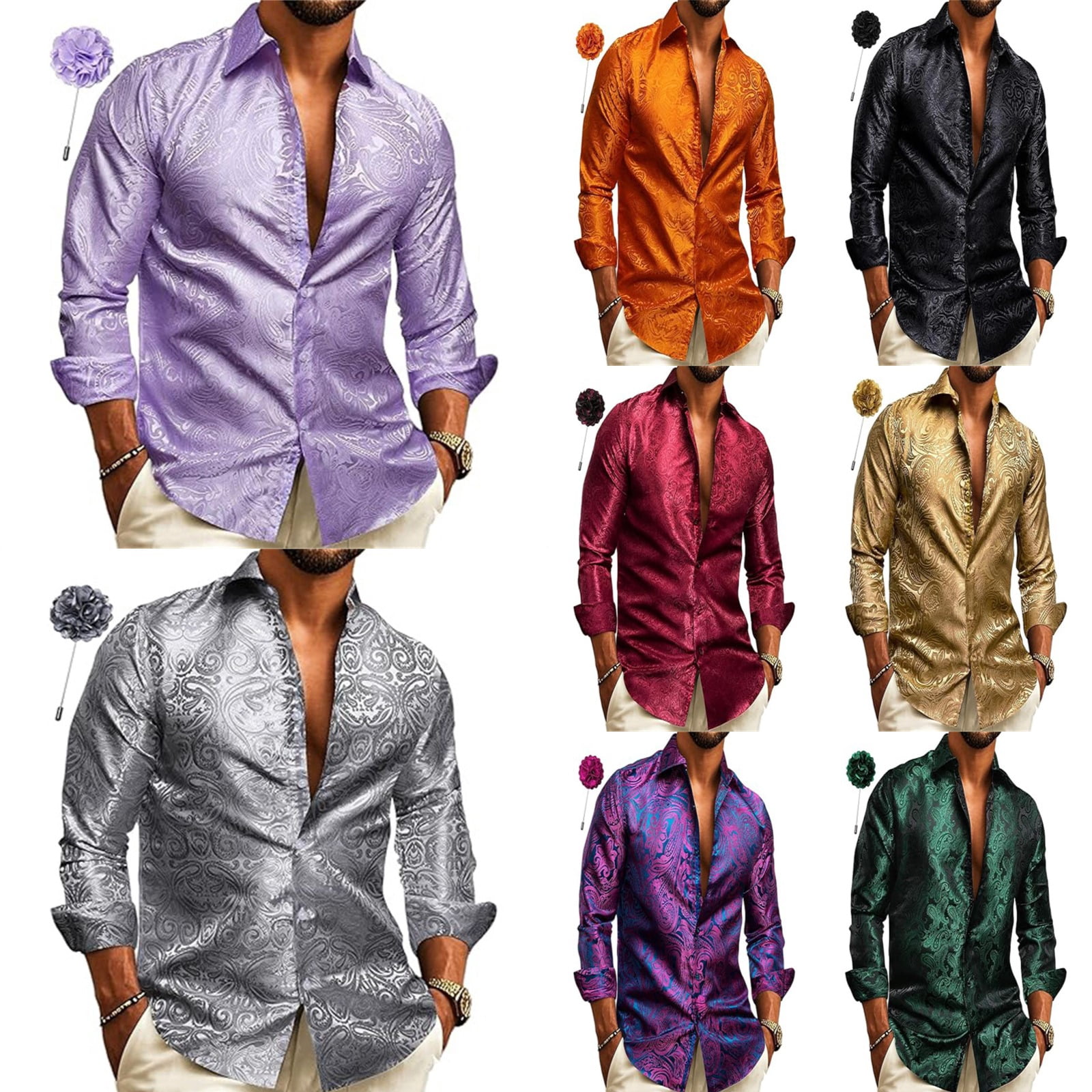 Long Sleeve Shirts for Men Button Down Solid Color Vintage Jacquard ...